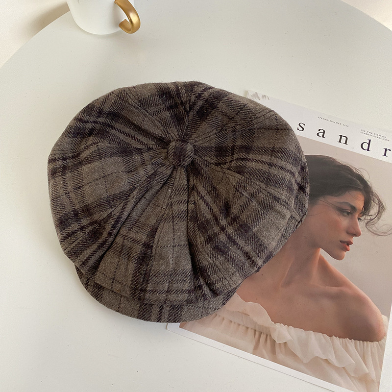 LinYooLi Retro Style Forward Hat Autumn And Winter Hair Checkered Beret ...