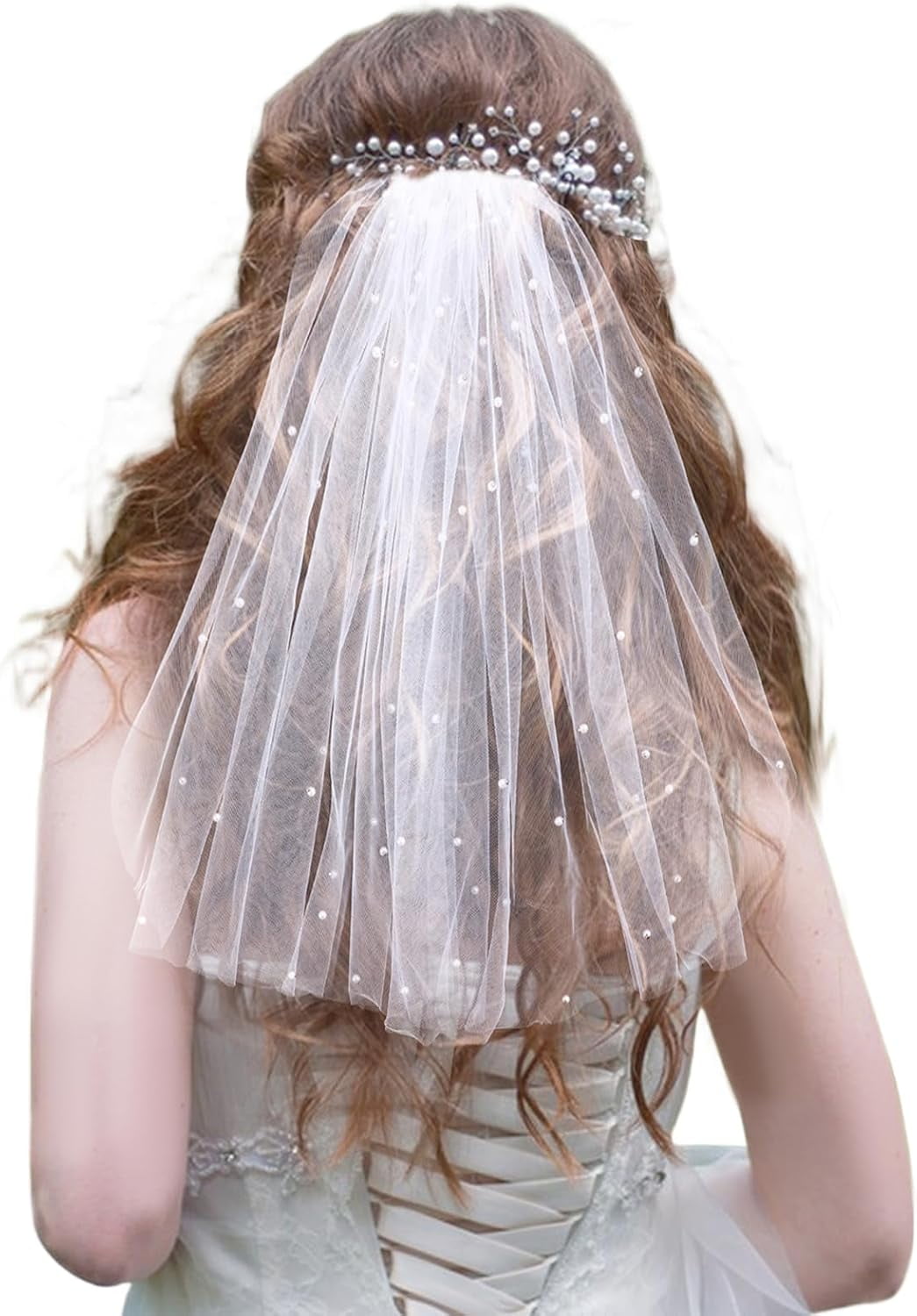 LinYooLi Short Bridal Veil, White Pearl Veil Wedding Veil with Comb ...
