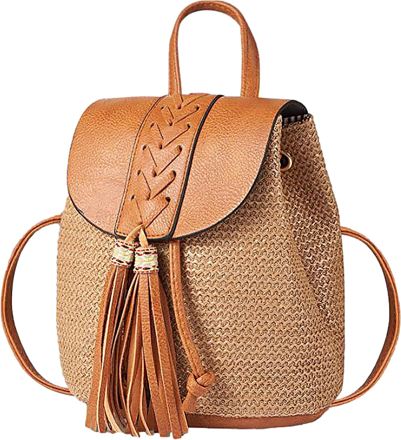 LinYooLi Small Straw Backpack for Women Summer Handmade Woven Beach Bag ...