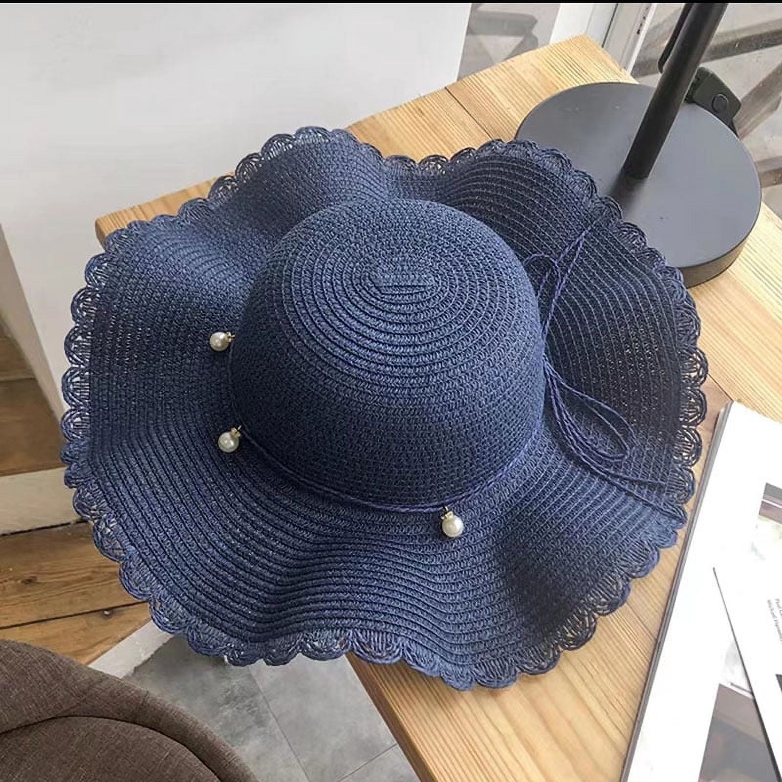 LinYooLi Straw Hat Female Summer Wave Edge Pearl Bowl Bow Bowl Big ...