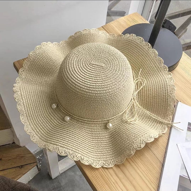 LinYooLi Straw Hat Female Summer Wave Edge Pearl Bowl Bow Bowl Big ...