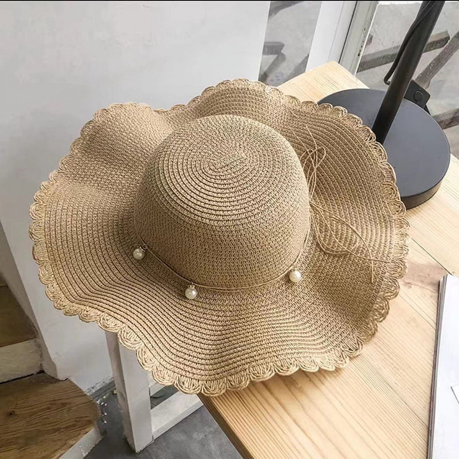 LinYooLi Straw Hat Female Summer Wave Edge Pearl Bowl Bow Bowl Big Eaves Sun Hat Seaside Beach ...