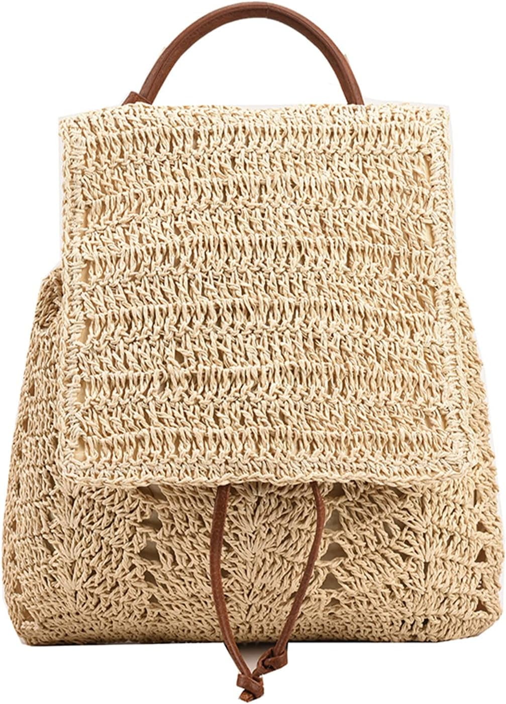LinYooLi Summer Handmade Woven Crochet Straw Backpack Flap Drawstring ...