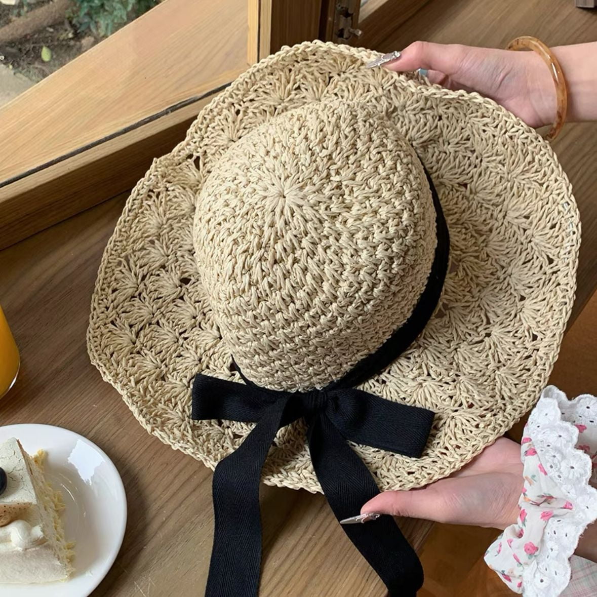 LinYooLi Sweet Lattice Straw Hats Female Summer New Seaside Vacation ...