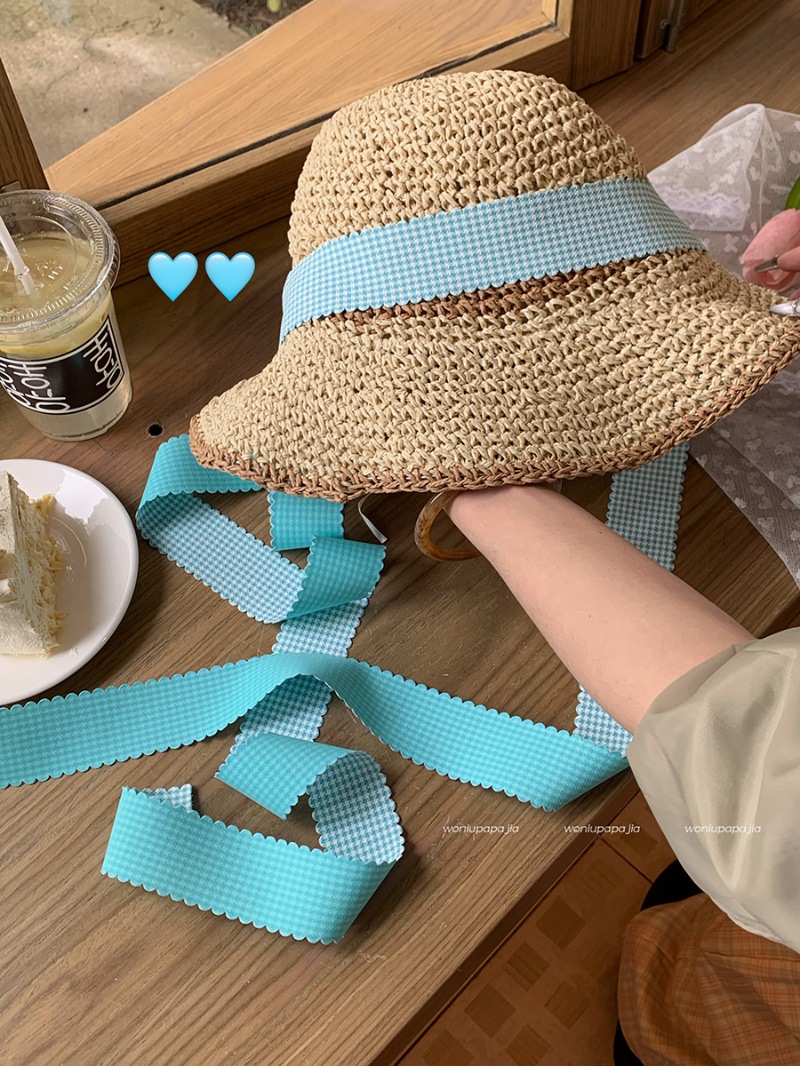 LinYooLi Sweet Plaid Tied Straw Hat For Women's Summer New Beach ...