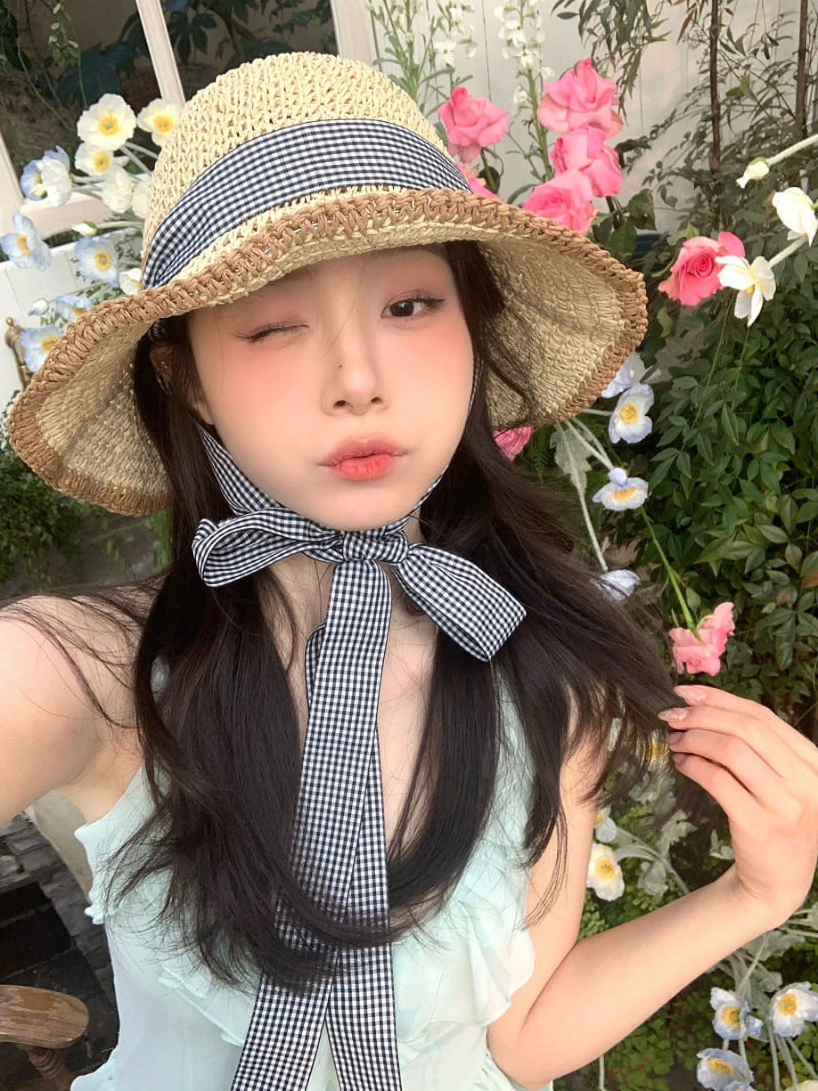 LinYooLi Sweet Plaid Tied Straw Hat For Women's Summer New Beach ...