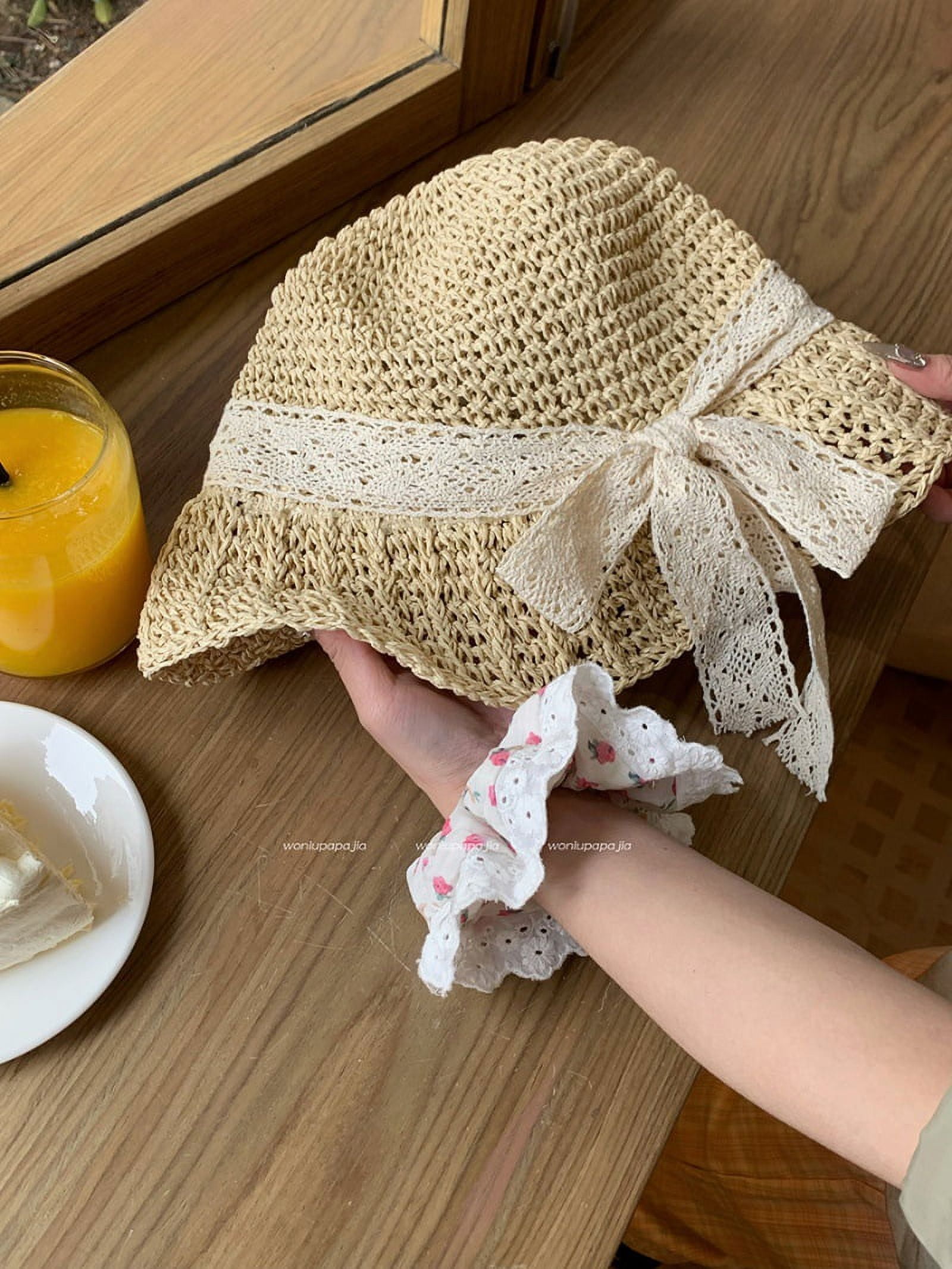 LinYooLi Sweet Plaid Tied Straw Hat For Women's Summer New Beach ...