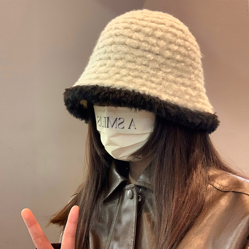 LinYooLi Versatile Beige Plush Bucket Cap Female Winter Fisherman Hat ...