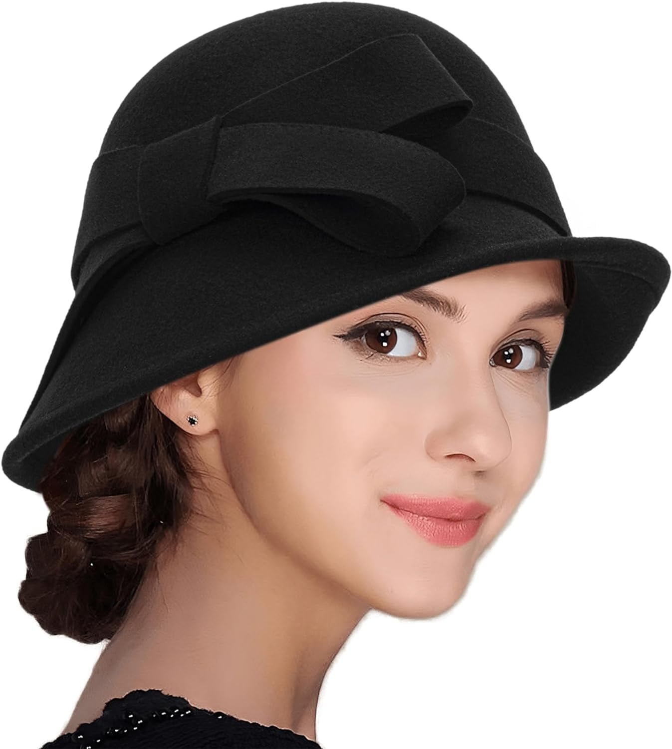 LinYooLi Women 1920s Bowler Fedora Hat Bowknot Decor Rolled Brim Derby ...