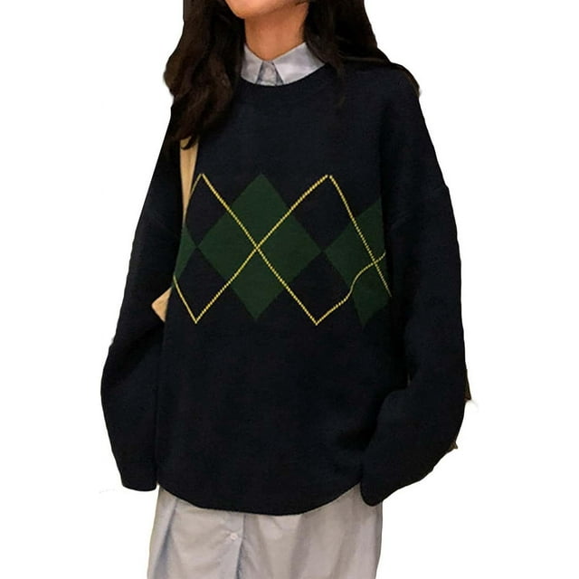 Linyooli Women Argyle Plaid Oversized Sweater Dark Academia Clothing