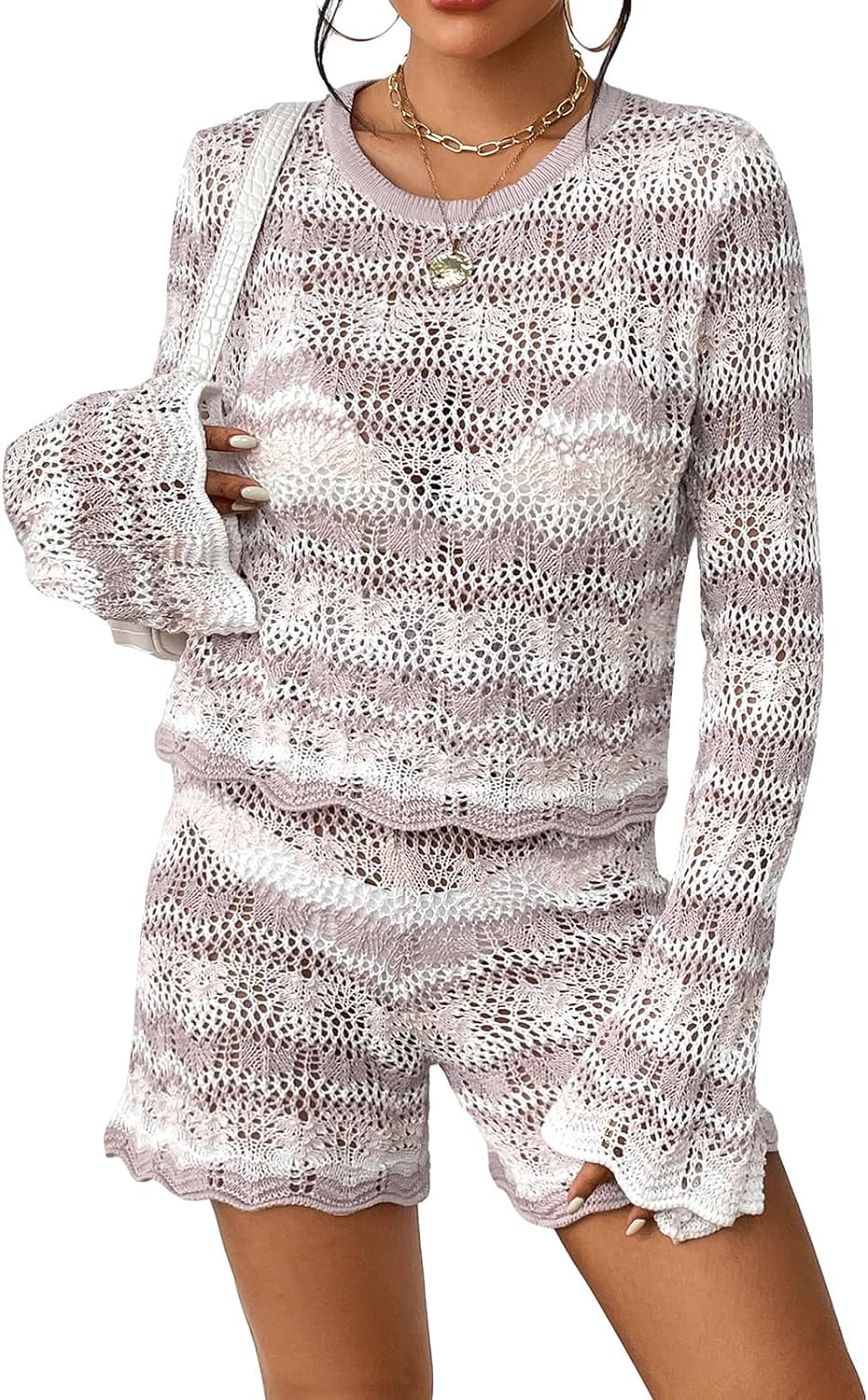Linyooli Women Beach Crochet Cover Up Sets 2 Piece Long Sleeve Striped Hollow Out Knitted Crop