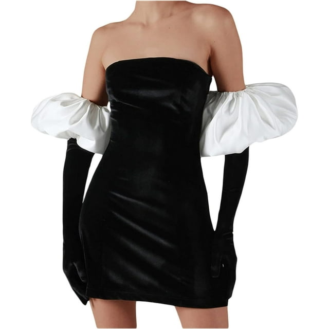 Linyooli Women Black Velvet Mini Dress Sexy Long Puff Sleeve Off