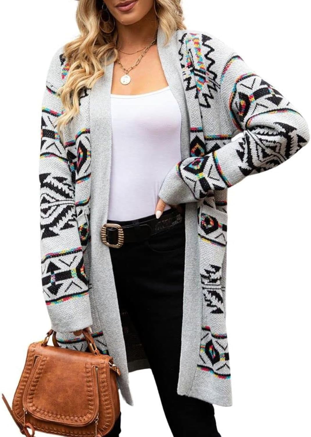 LinYooLi Women Boho Cardigan Sweater Long Open Front Western Aztec ...