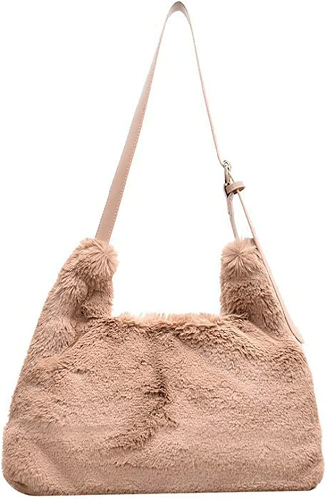 LinYooLi Women Fluffy Shoulder Bag Faux Fur Tote Bag Adjustable PU ...