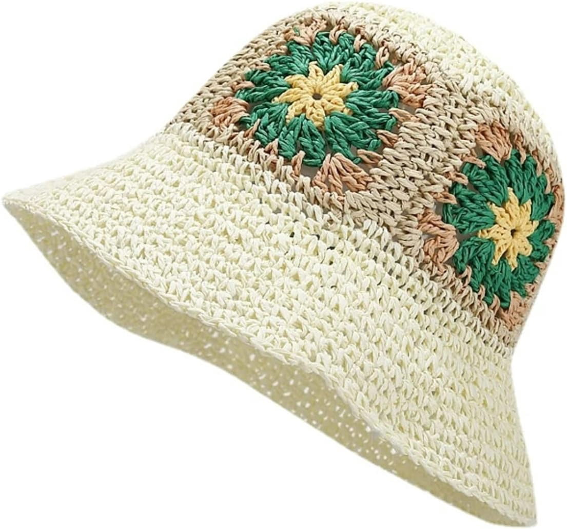LinYooLi Women Straw Hat Foldable Woven Bucket Hat Floral Fairycore ...
