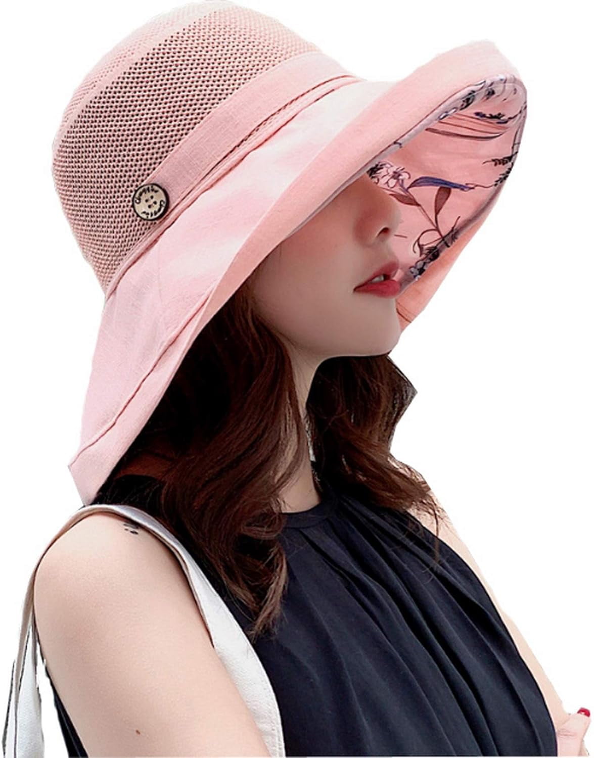 LinYooLi Women Wide Brim Foldable Sun Hat Hallow Out Printed Summer ...
