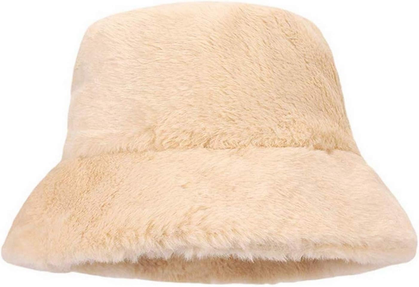 LinYooLi Women Winter Plush Bucket Hat Warm Solid Color Faux Fur ...