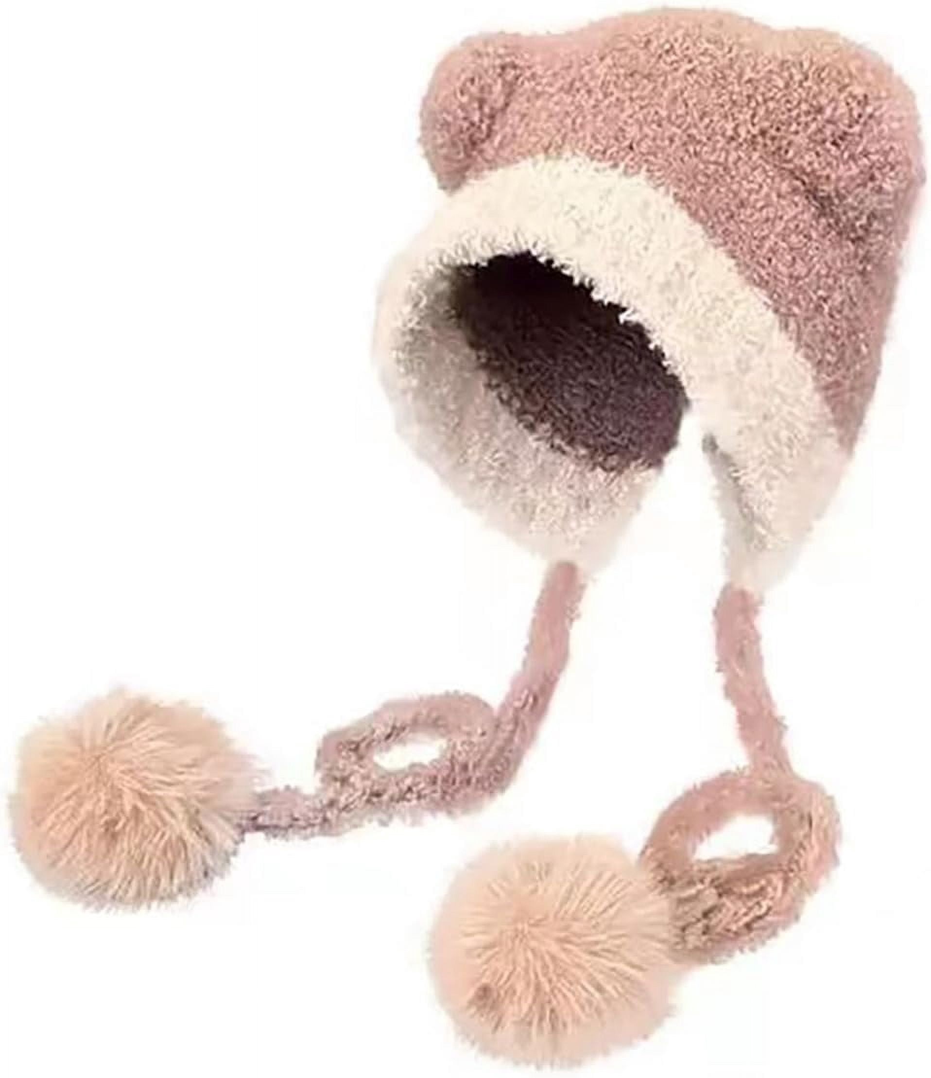 LinYooLi Women Y2K Bear Ear Beanie Hat with Pom Poms Cute Kawaii ...
