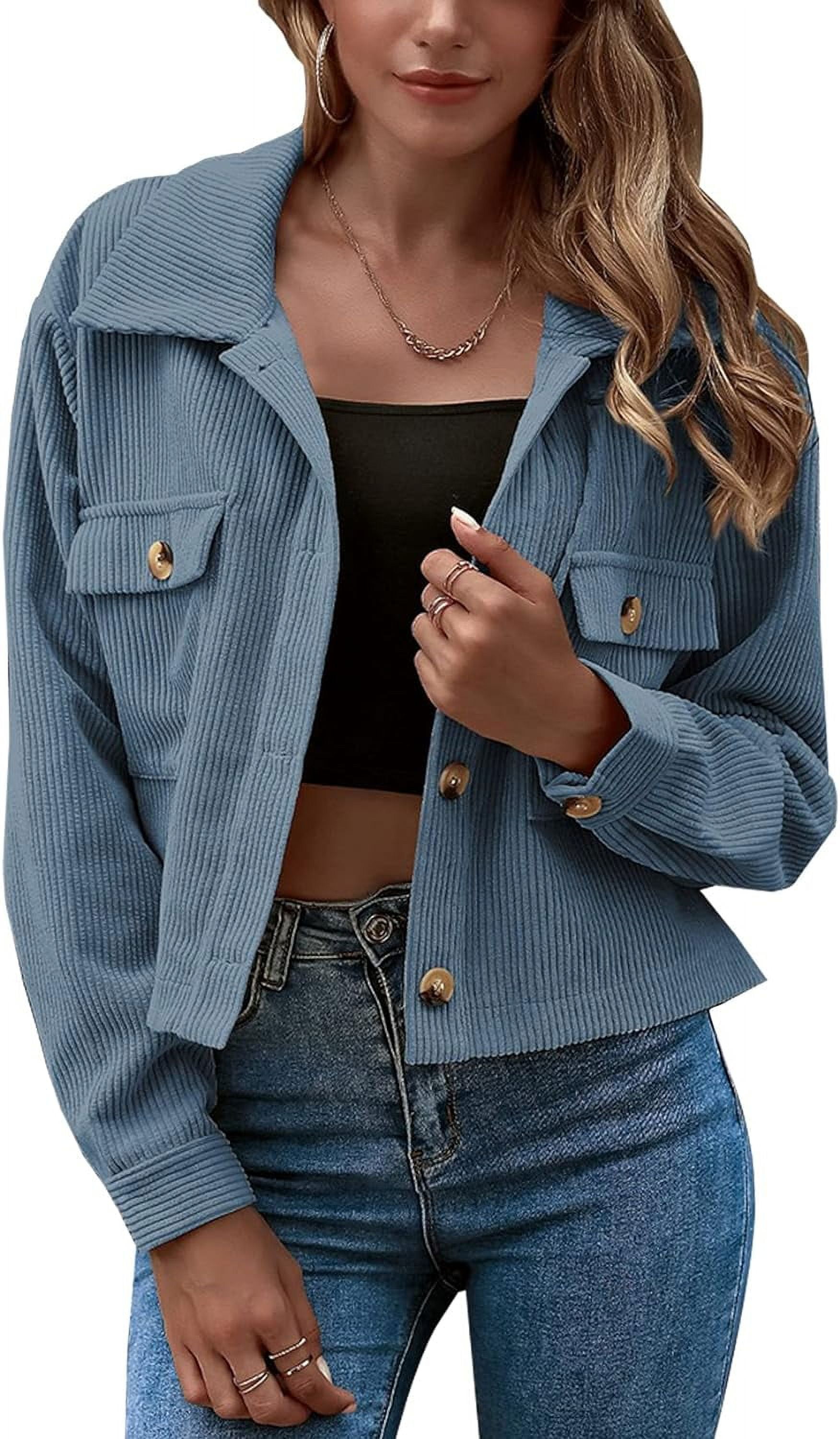 LinYooLi Women's Fashion Cropped Shacket Button Down Corduroy Shacket ...