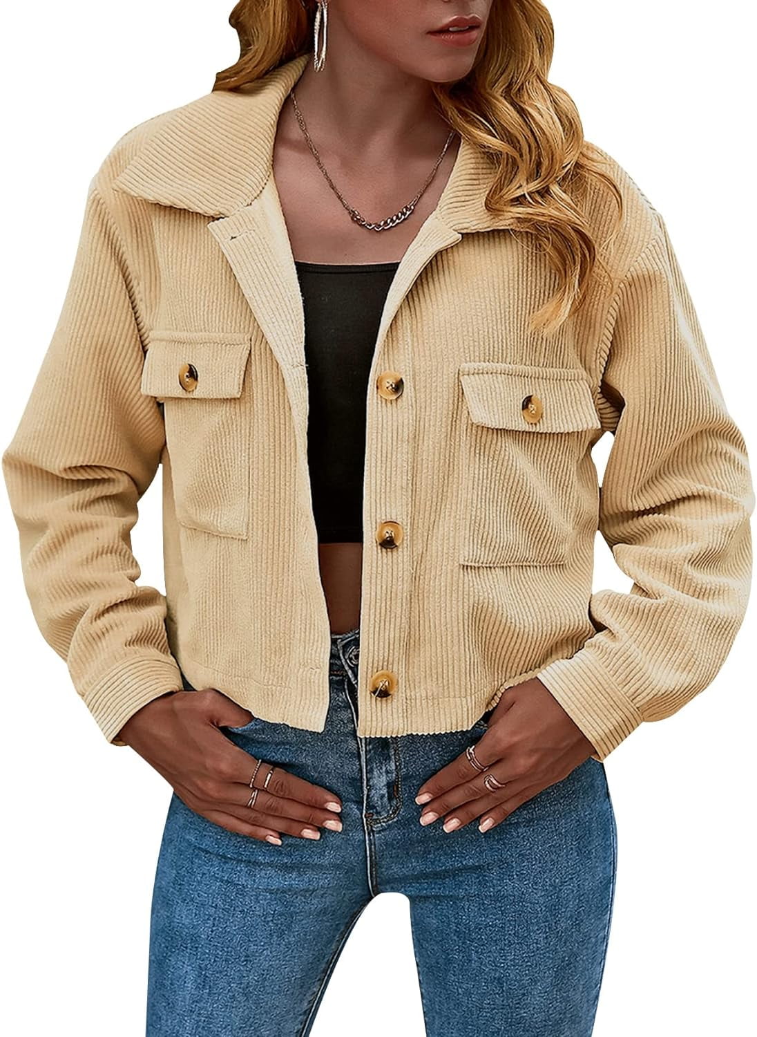 LinYooLi Women's Fashion Cropped Shacket Button Down Corduroy Shacket ...