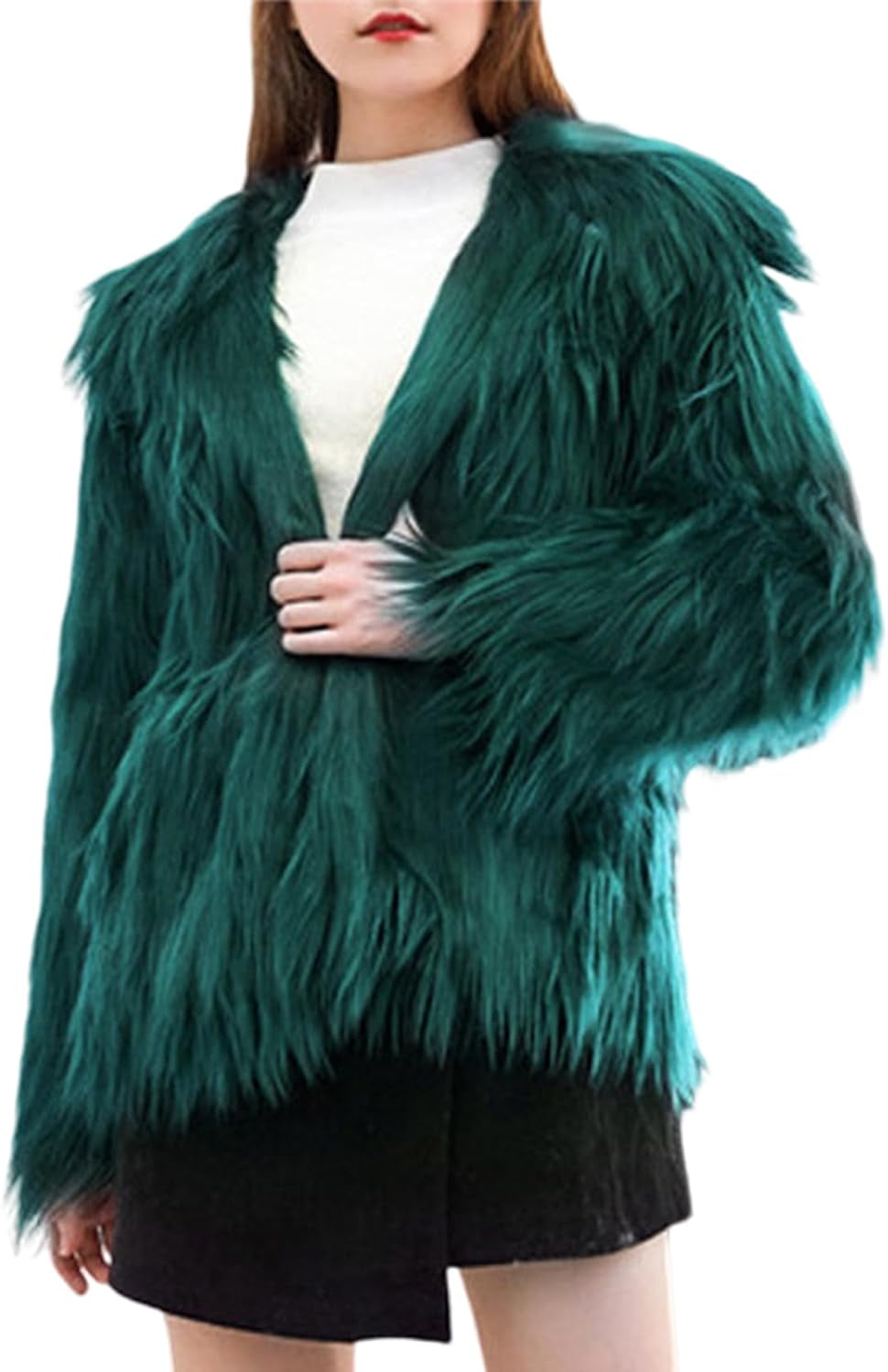 LinYooLi Women' s Faux Fur Coat Open Front Long Sleeve Hooded Furry Jacket Warm Outerwear Shaggy ...