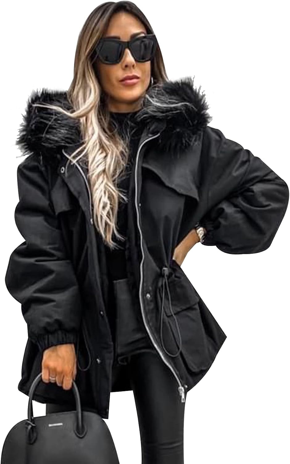 LinYooLi Women’ s Faux Fur Hooded Winter Parka Jacket Zip Up Coat ...