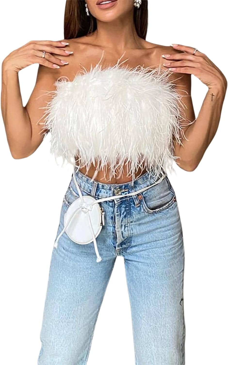 LinYooLi Women’s Feather Cami Tube Faux Fur Sexy Crop Tank Top Slim ...