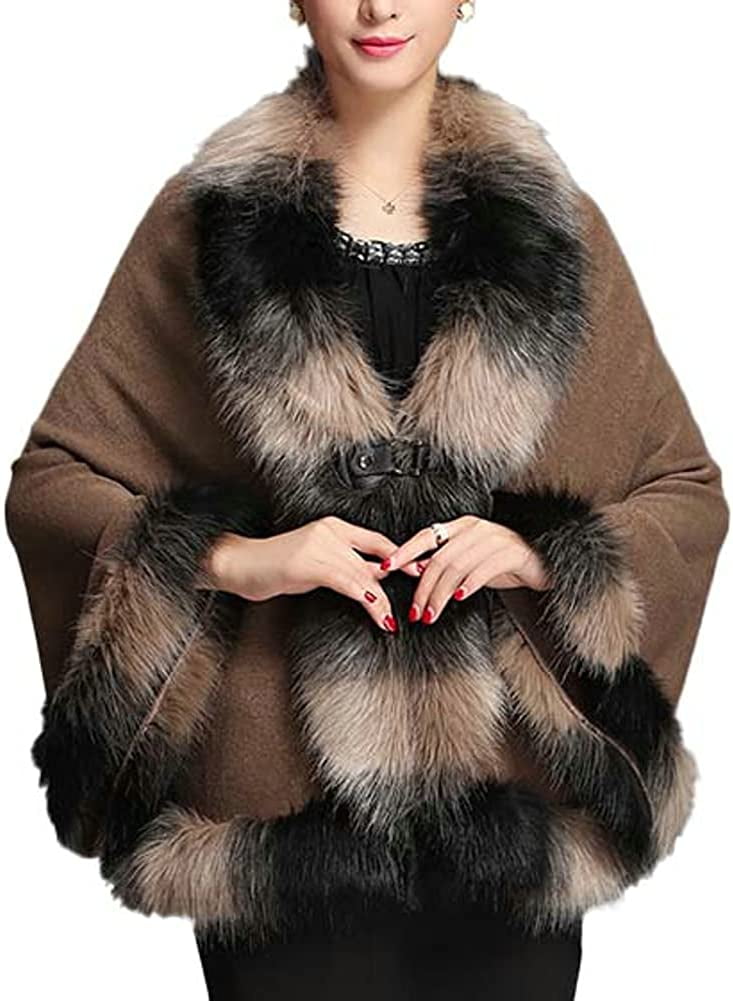 LinYooLi Women's Luxury Batwing Sleeve Faux Fur Cardigan Cloak Shawl Wraps Oversized Bridal ...