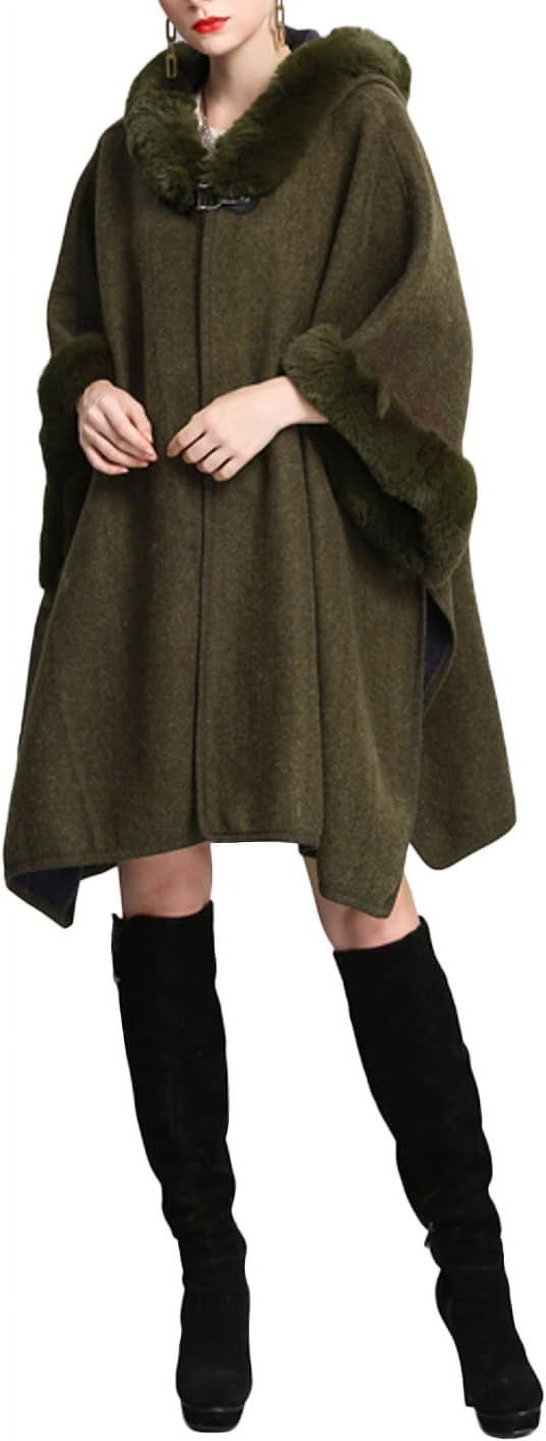 LinYooLi Women's Luxury Batwing Sleeve Faux Fur Hooded Cloak Poncho ...
