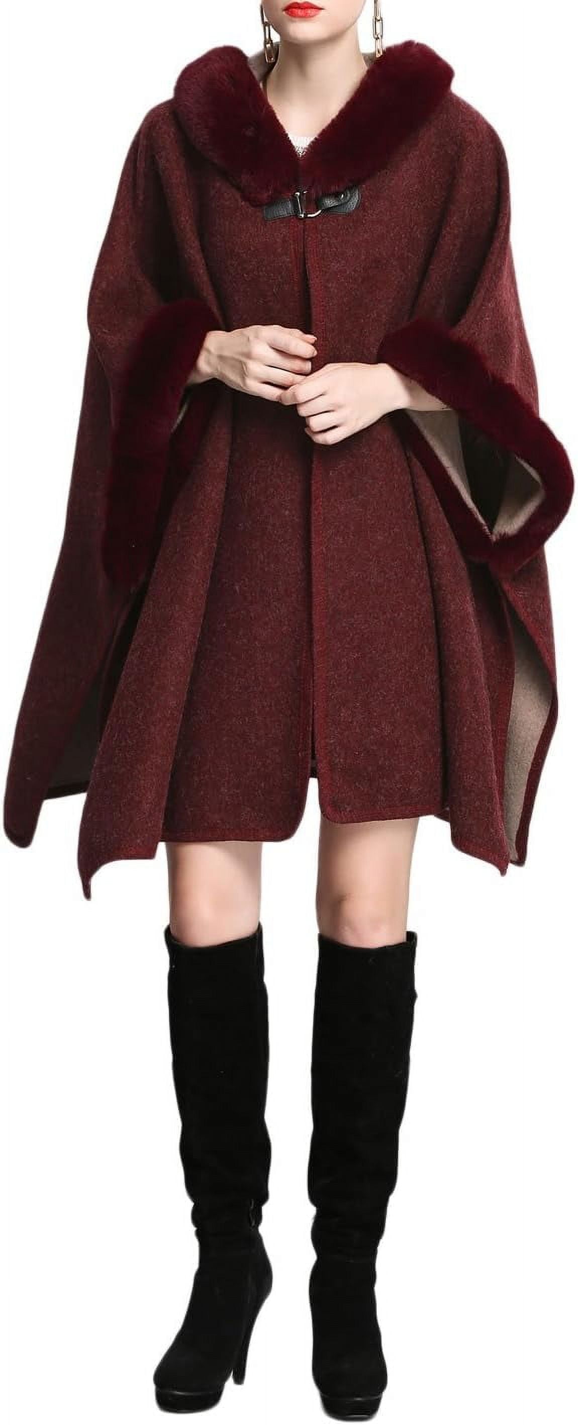 LinYooLi Women's Luxury Batwing Sleeve Faux Fur Hooded Cloak Poncho ...