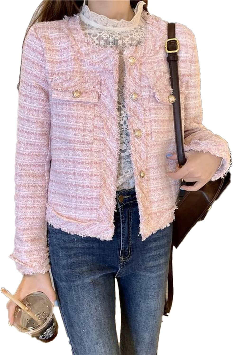 Genmaisima Women's Plaid White Tweed Blazer Open Front Collarless ...