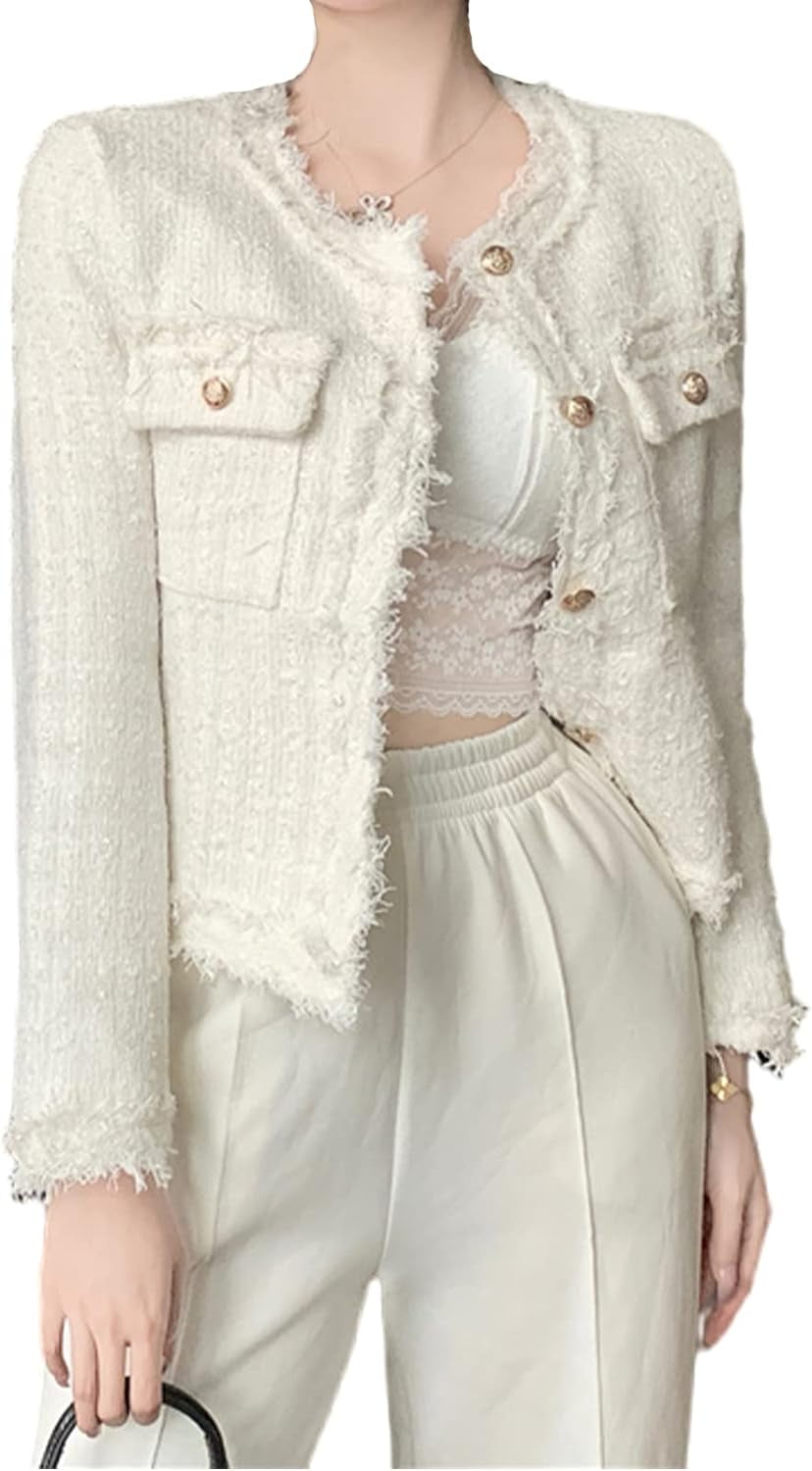 LinYooLi Women's Plaid White Tweed Blazer Open Front Collarless Blazer ...