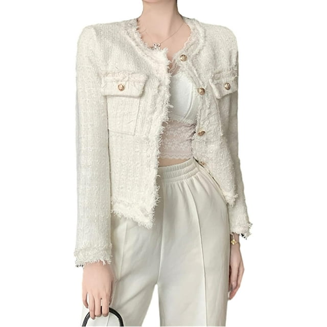 LinYooLi Women's Plaid White Tweed Blazer Open Front Collarless Blazer ...