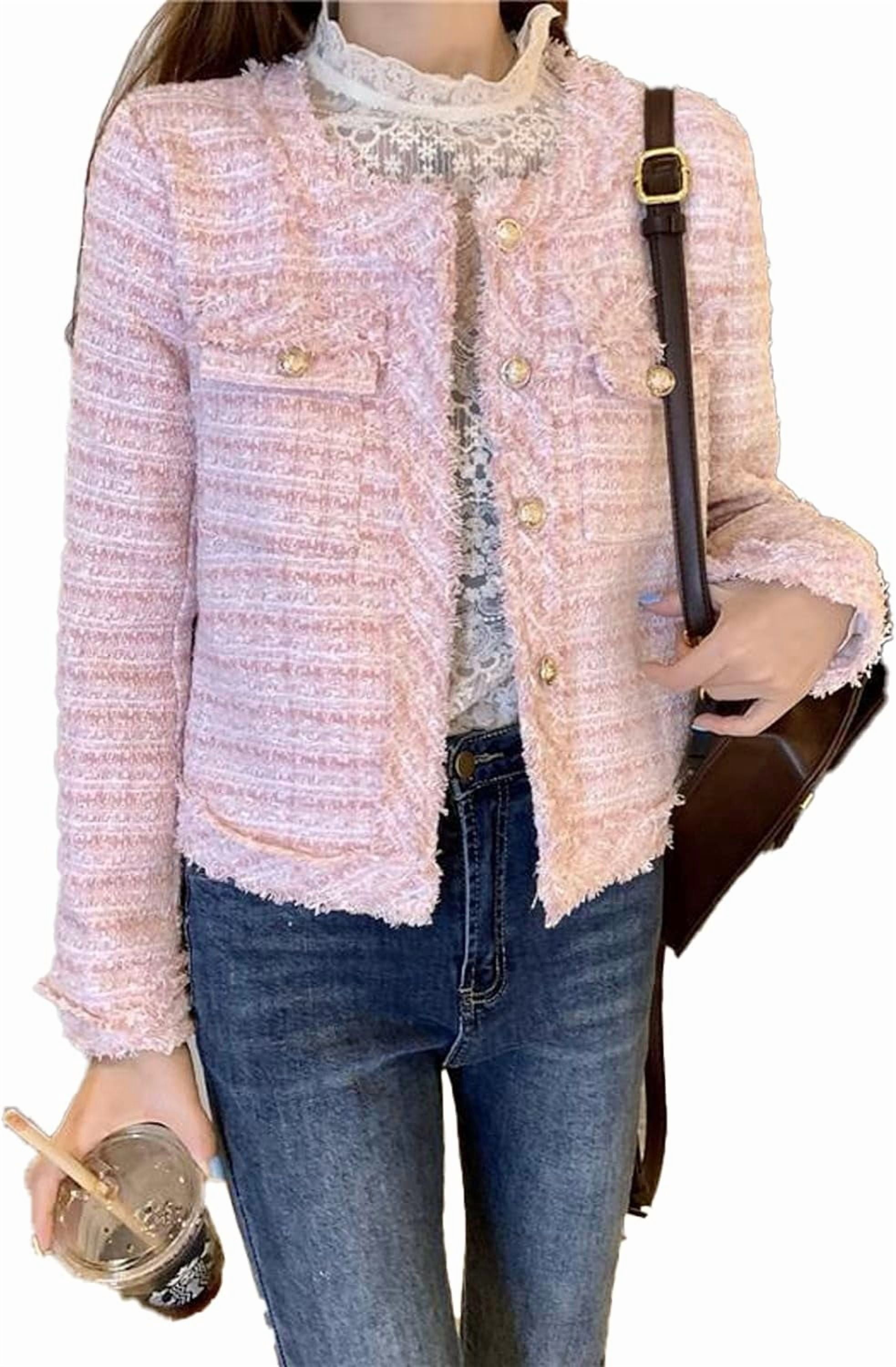 LinYooLi Women's Plaid White Tweed Blazer Open Front Collarless Blazer ...