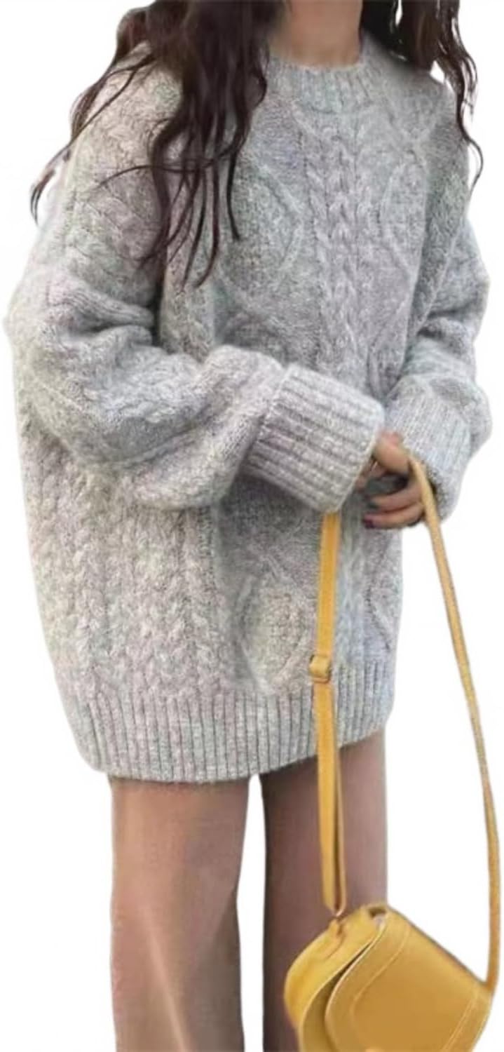LinYooLi Women's Solid Knit Cable Sweater Vintage Aesthetic Grandpa ...