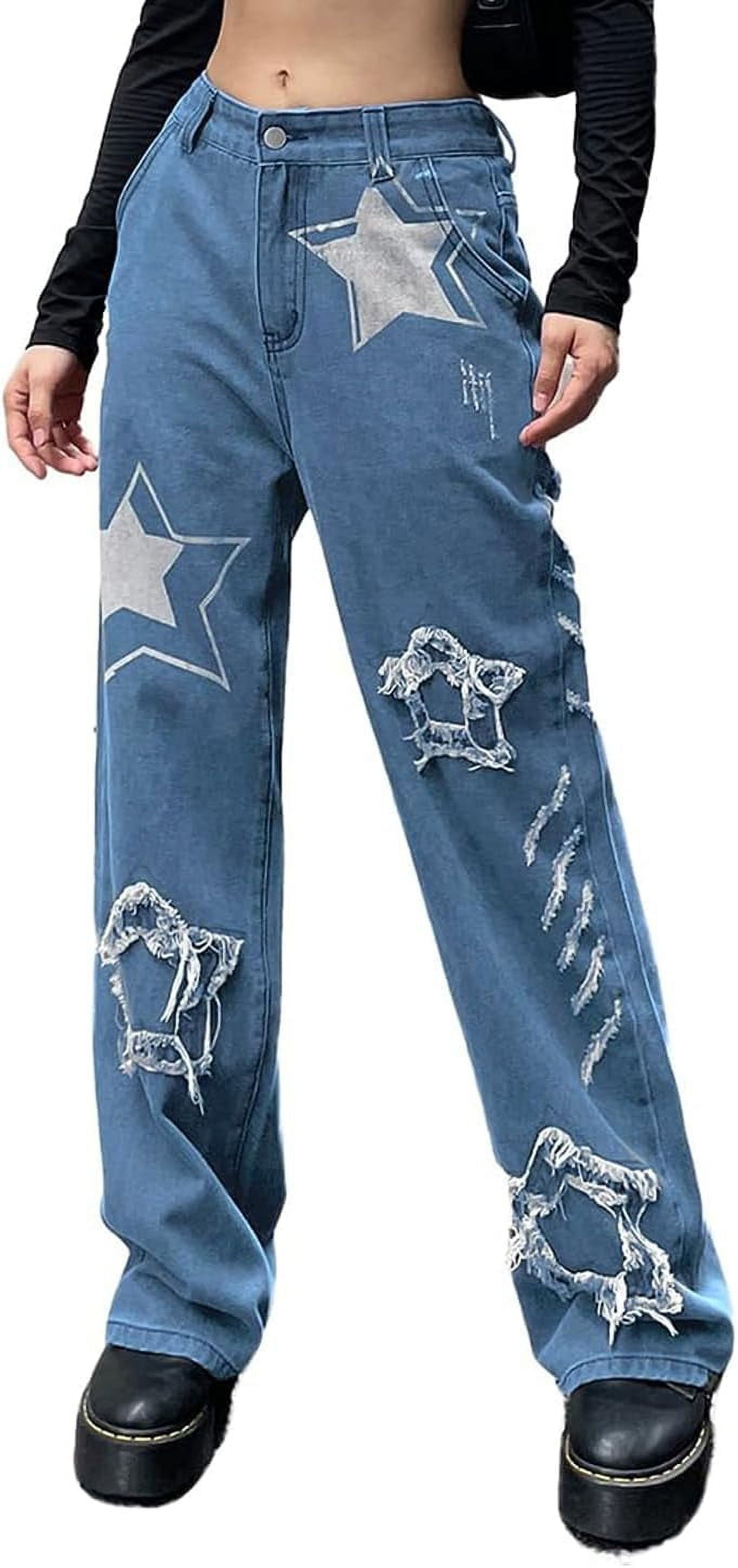 LinYooLi Y2K Baggy Jeans Star Patch Wide Leg Pants Alt Emo 90s Grunge Aesthetic Streetwear ...