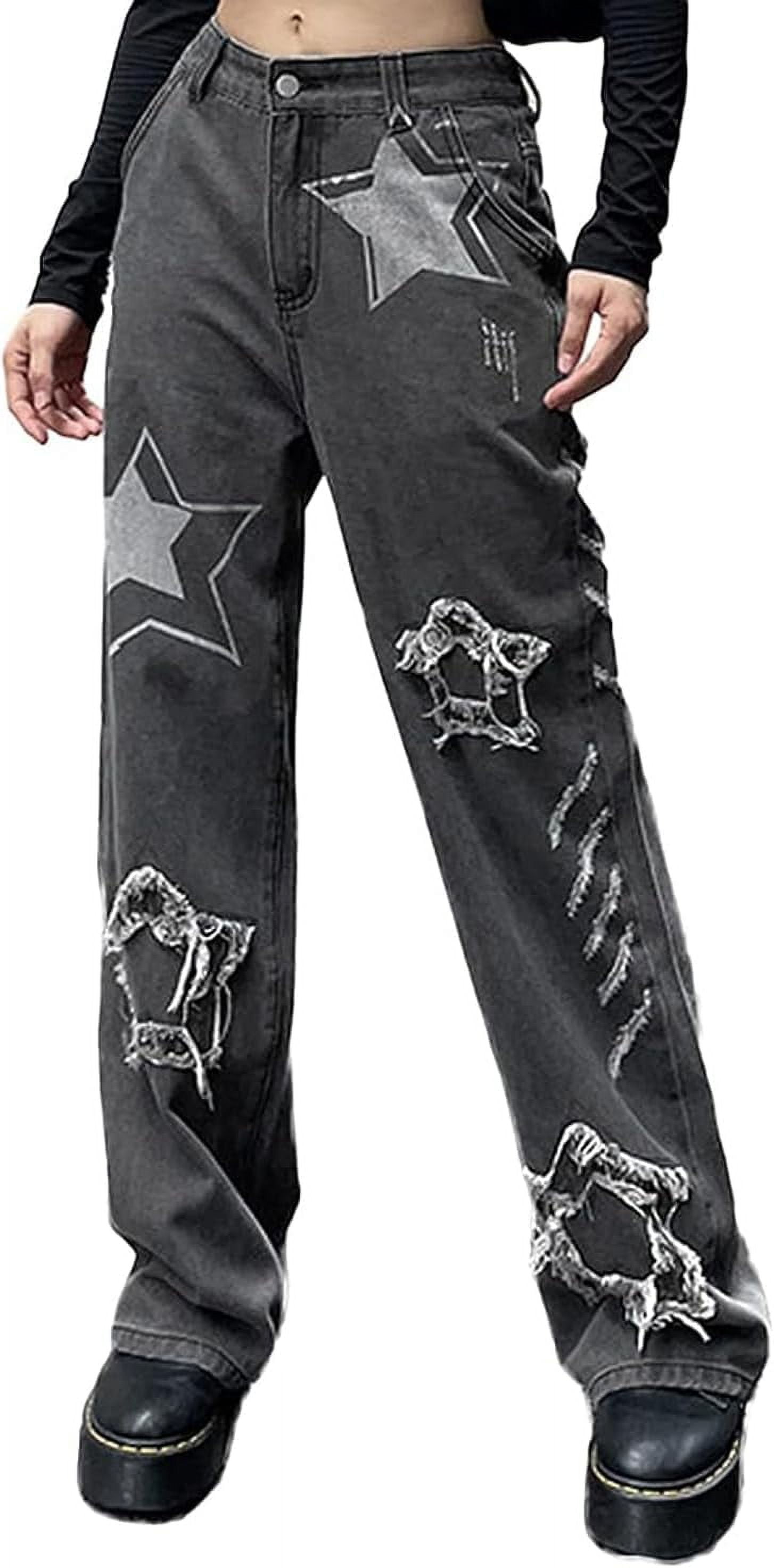 LinYooLi Y2K Baggy Jeans Star Patch Wide Leg Pants Alt Emo 90s Grunge ...