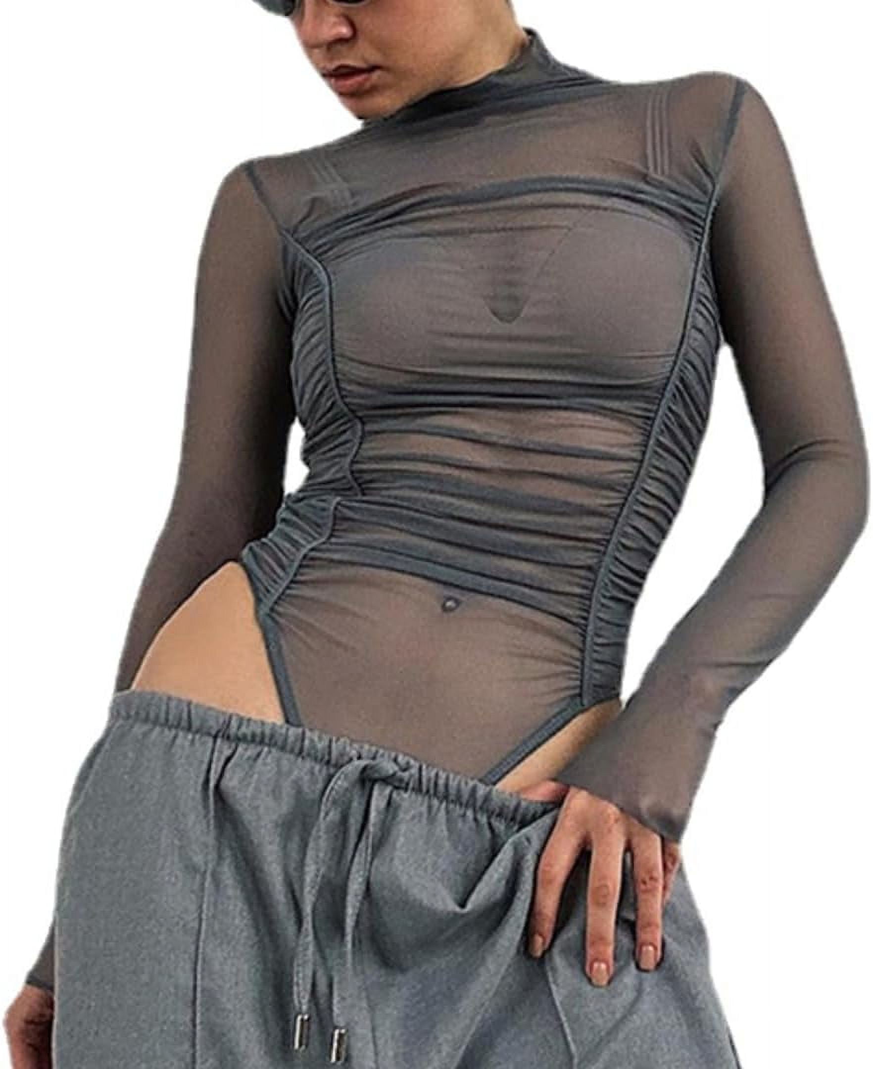 Linyooli Y2k Tops Going Out Tops Mesh Long Sleeve Top Sheer Top Lace