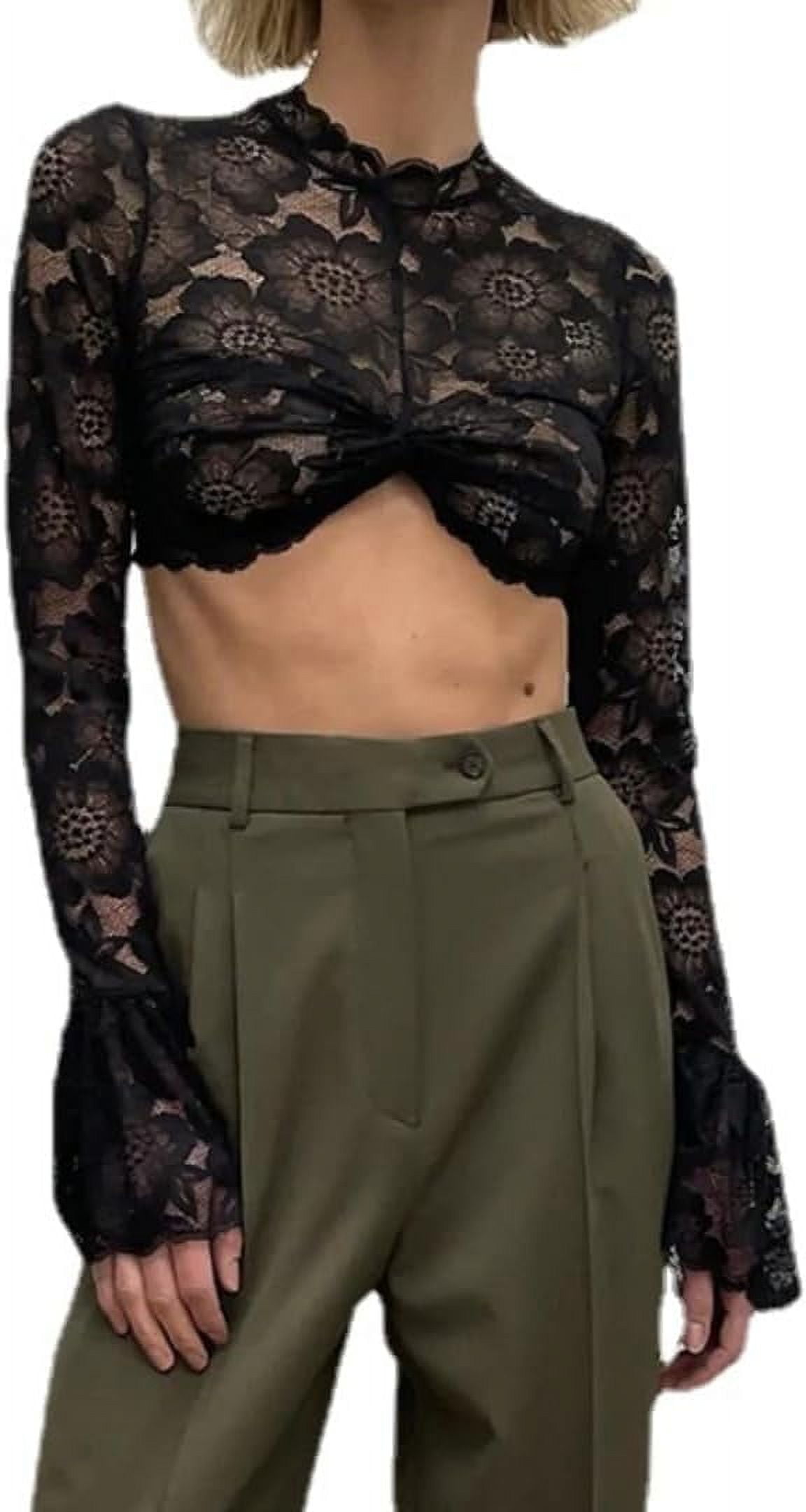 Linyooli Y2k Tops Going Out Tops Mesh Long Sleeve Top Sheer Top Lace