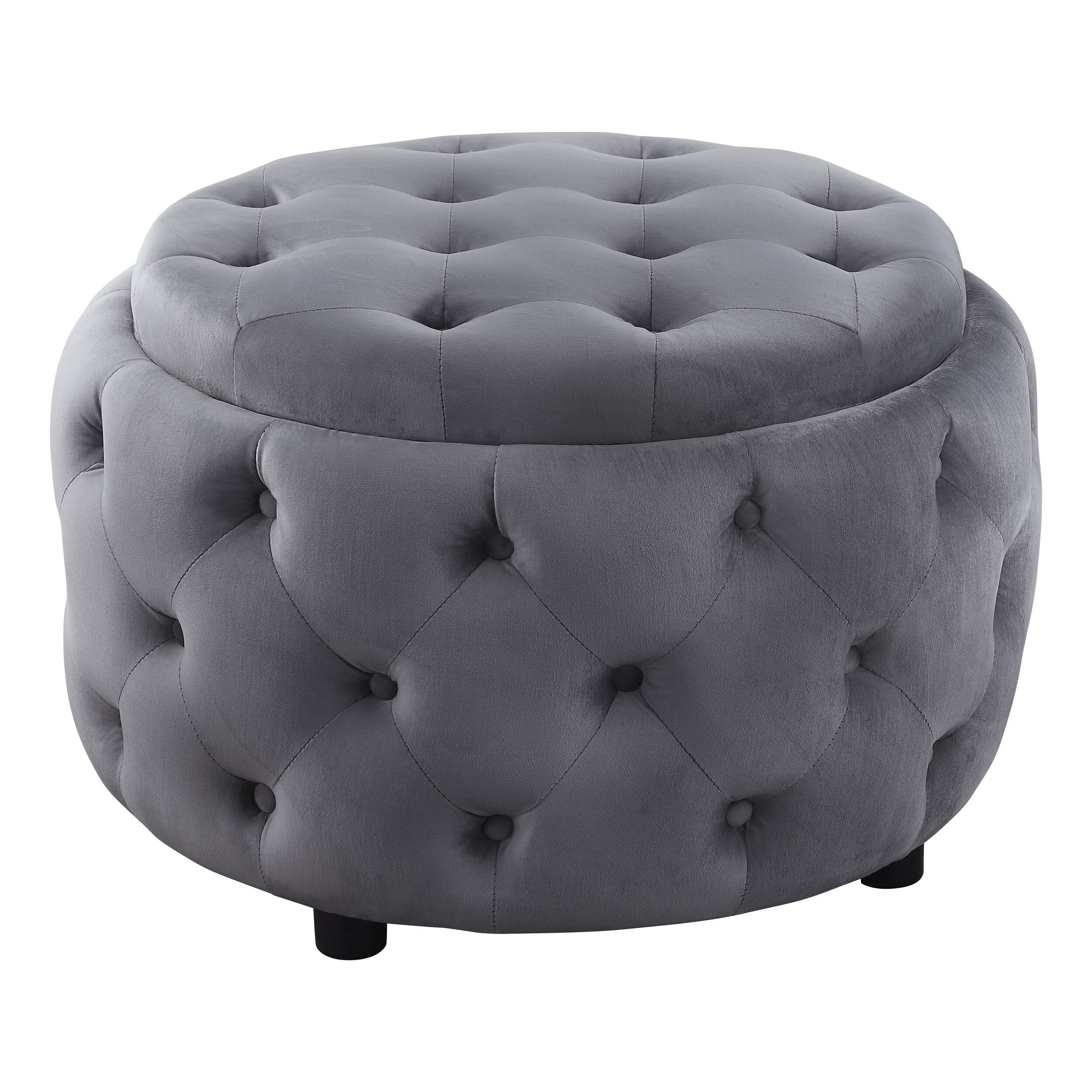 Lina 28 Inch Round Ottoman, Storage Area, Smooth Grey Vegan Faux ...