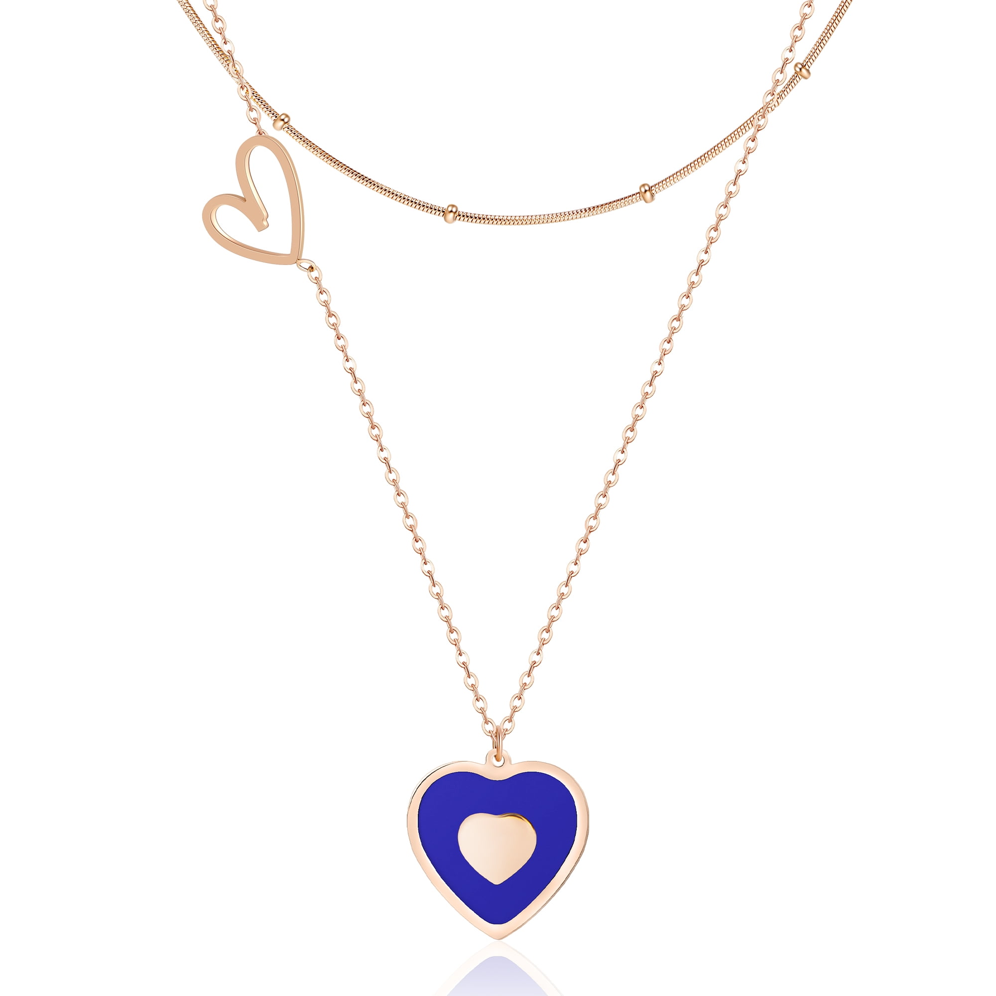 Linawe Blue Heart Pendant Necklace, Rose Gold Choker Layered Necklace ...