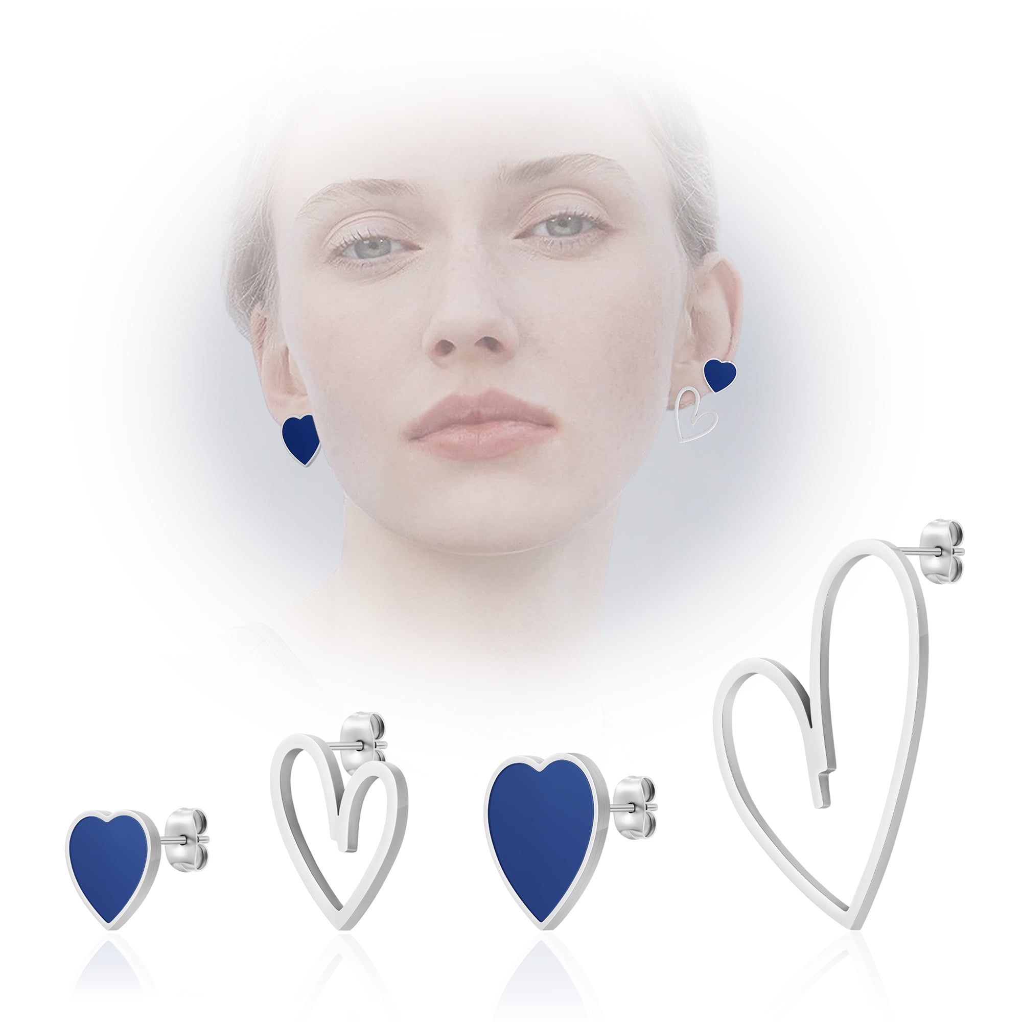 Linawe Blue Heart Silver Stud Earrings for Women Trendy, Mismatched ...