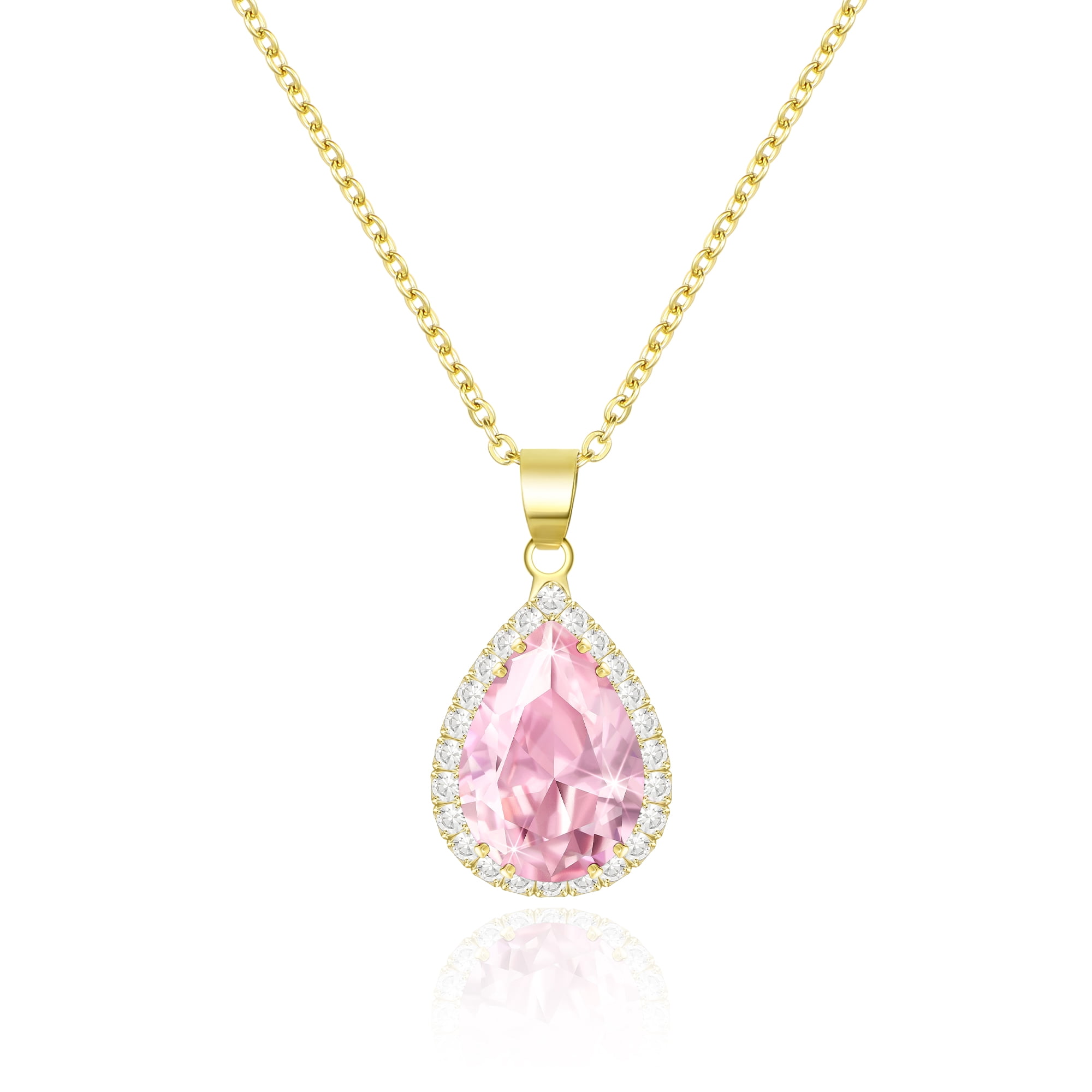 Linawe Pink Crystal Pendant, 14K Gold Plated Chain Imitation Diamond ...