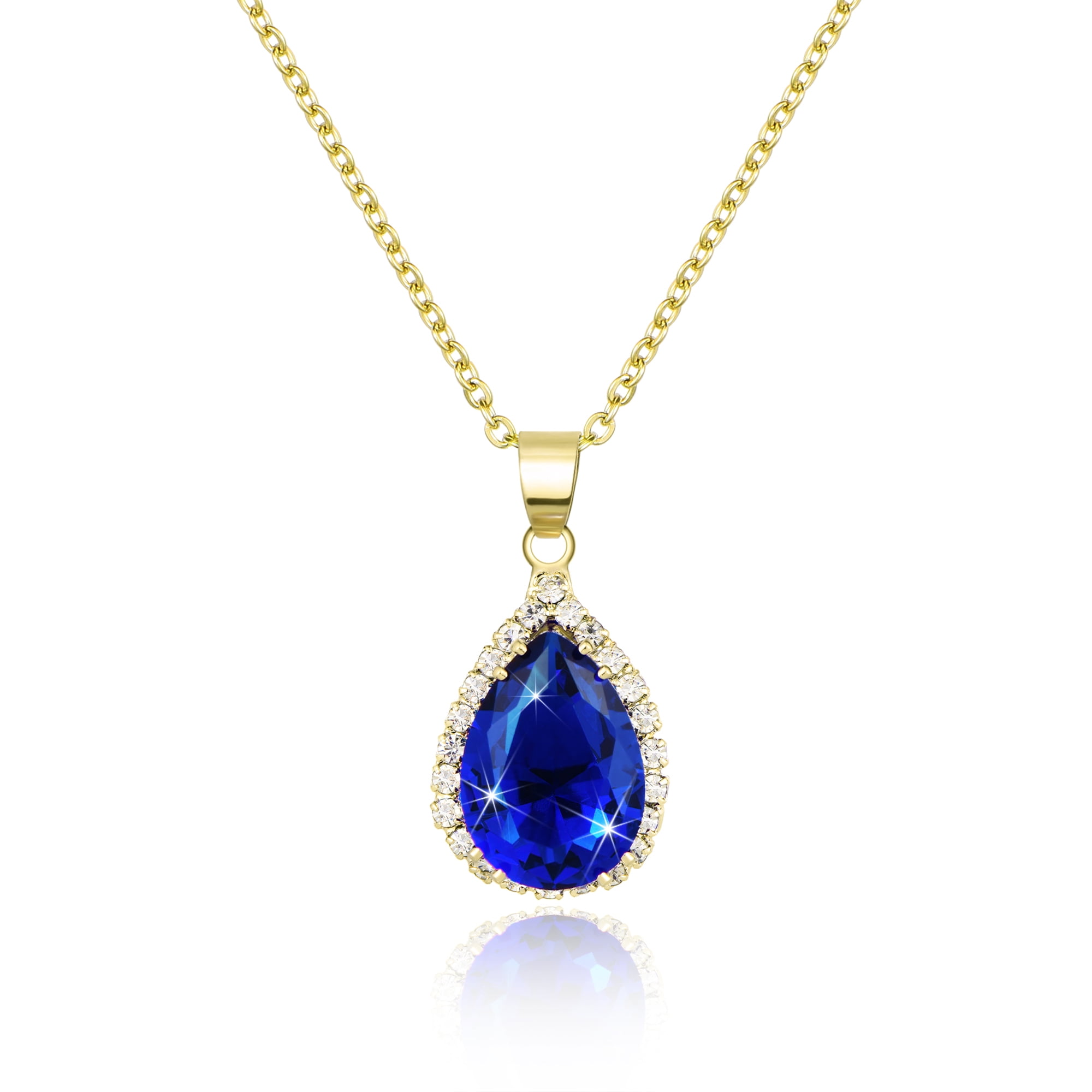 Linawe Sapphire Crystal Necklace for Women, Navy Blue Pendant, 14K Gold ...