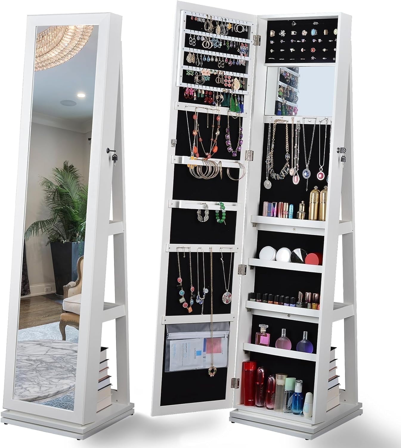Lincordor 3-in-1 Jewelry Cabinet with Full Length Mirror, 360° Rotating ...