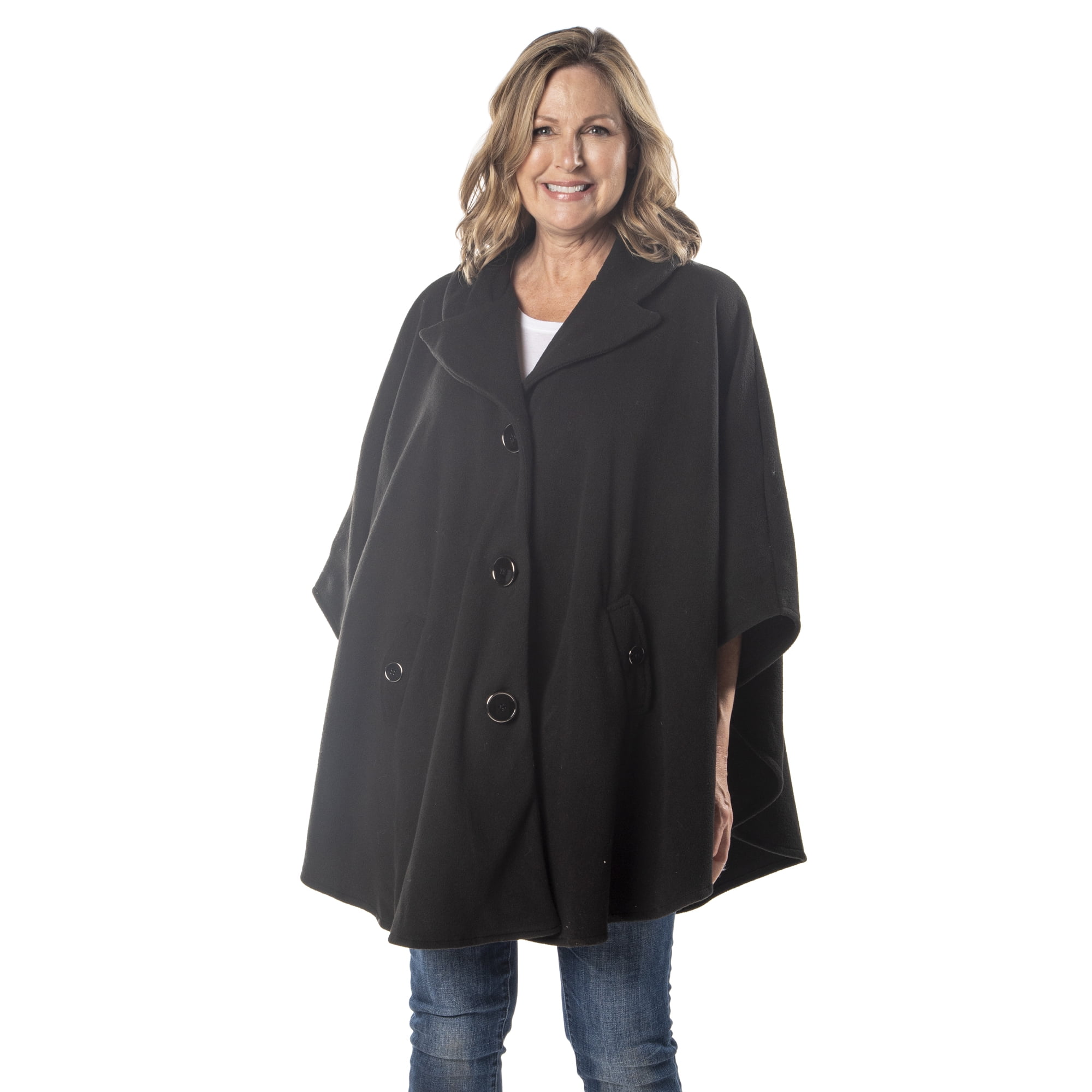 Linda Anderson Polar Fleece Black Cape Coat, Cozy Layer, Warmth, One ...