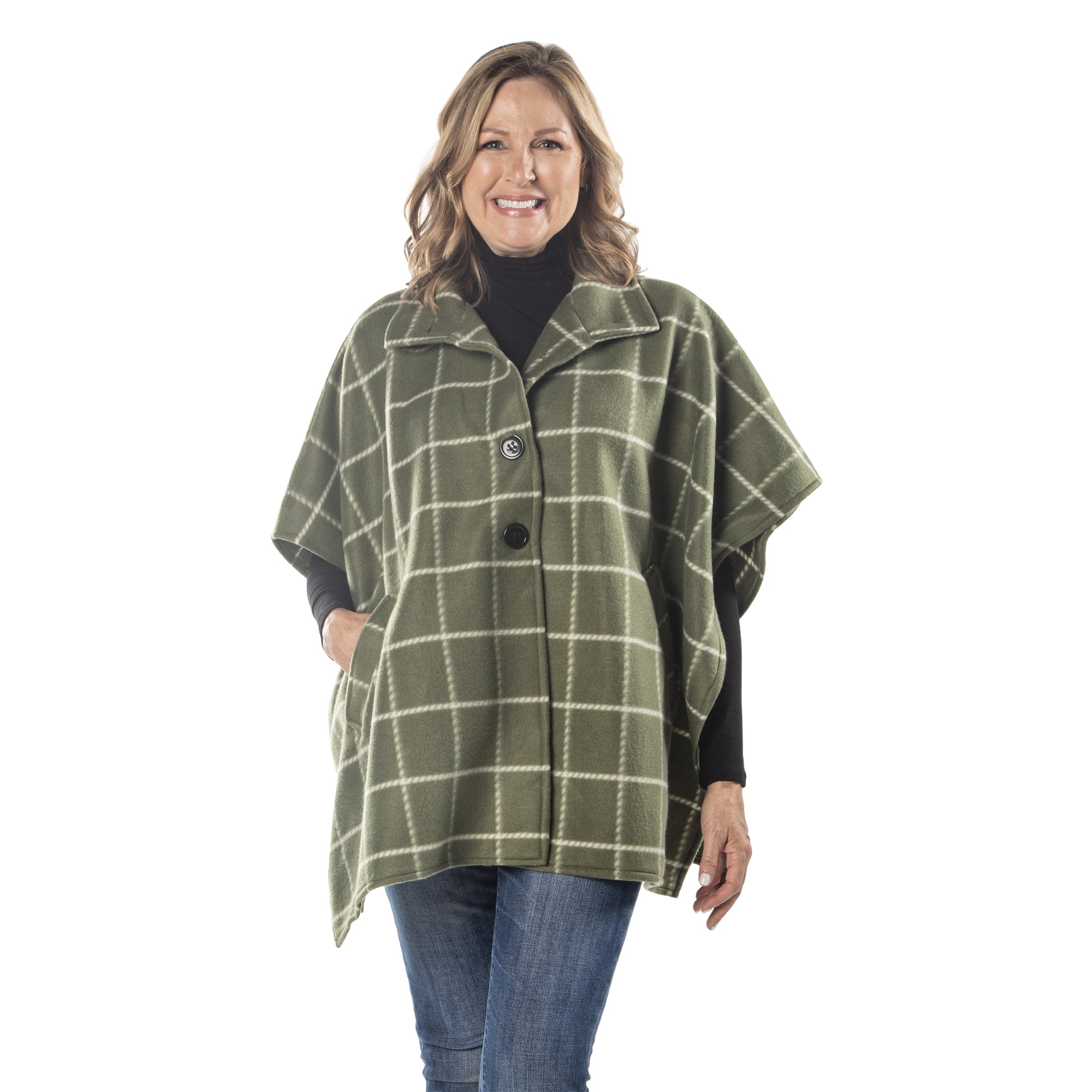 Linda Anderson Bridget High Neck 4 Button Green Fleece Cozy Coat Cape ...