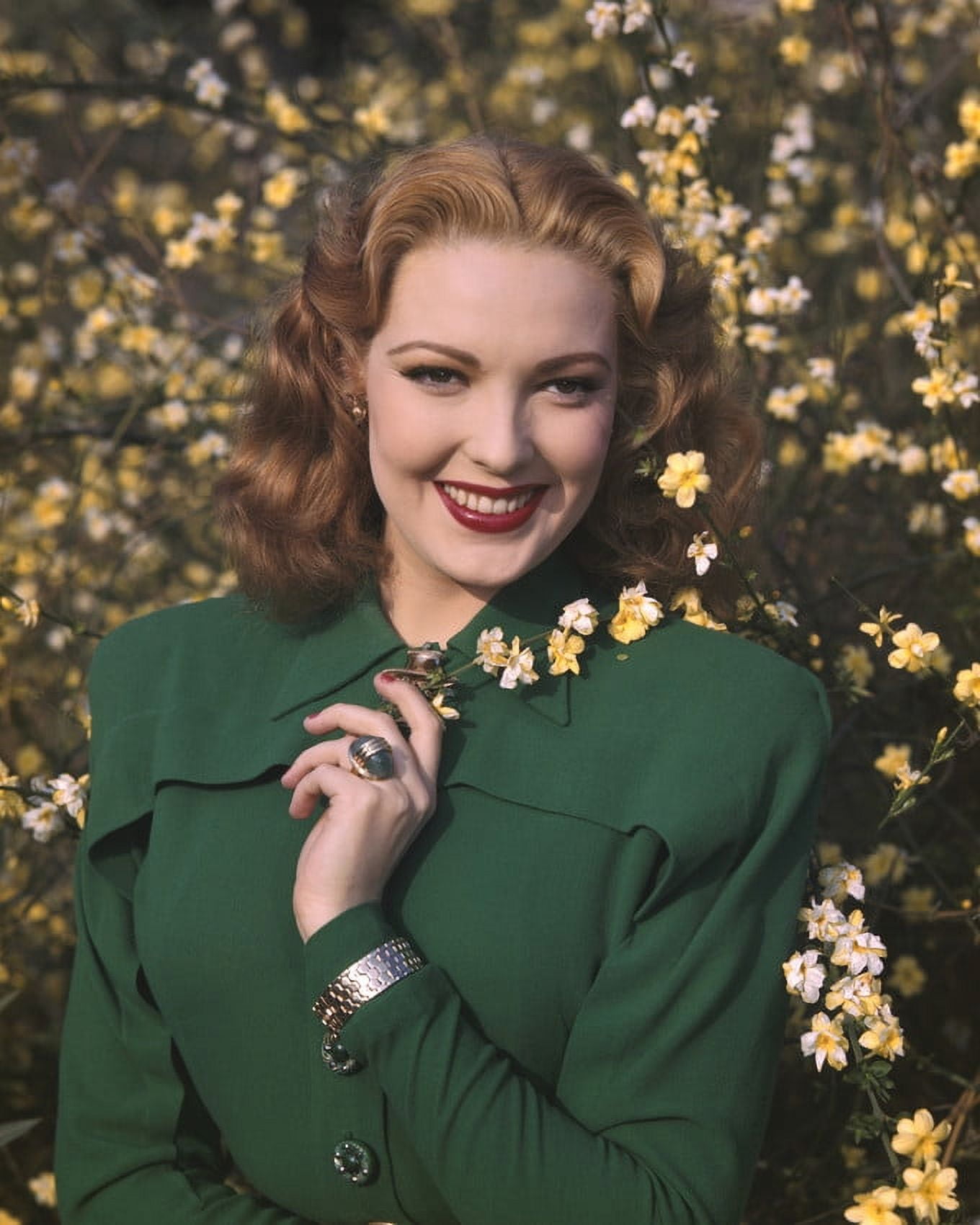Linda Darnell Beautiful Smiling Pose By Flowery Plant Green Coat 24X36 ...