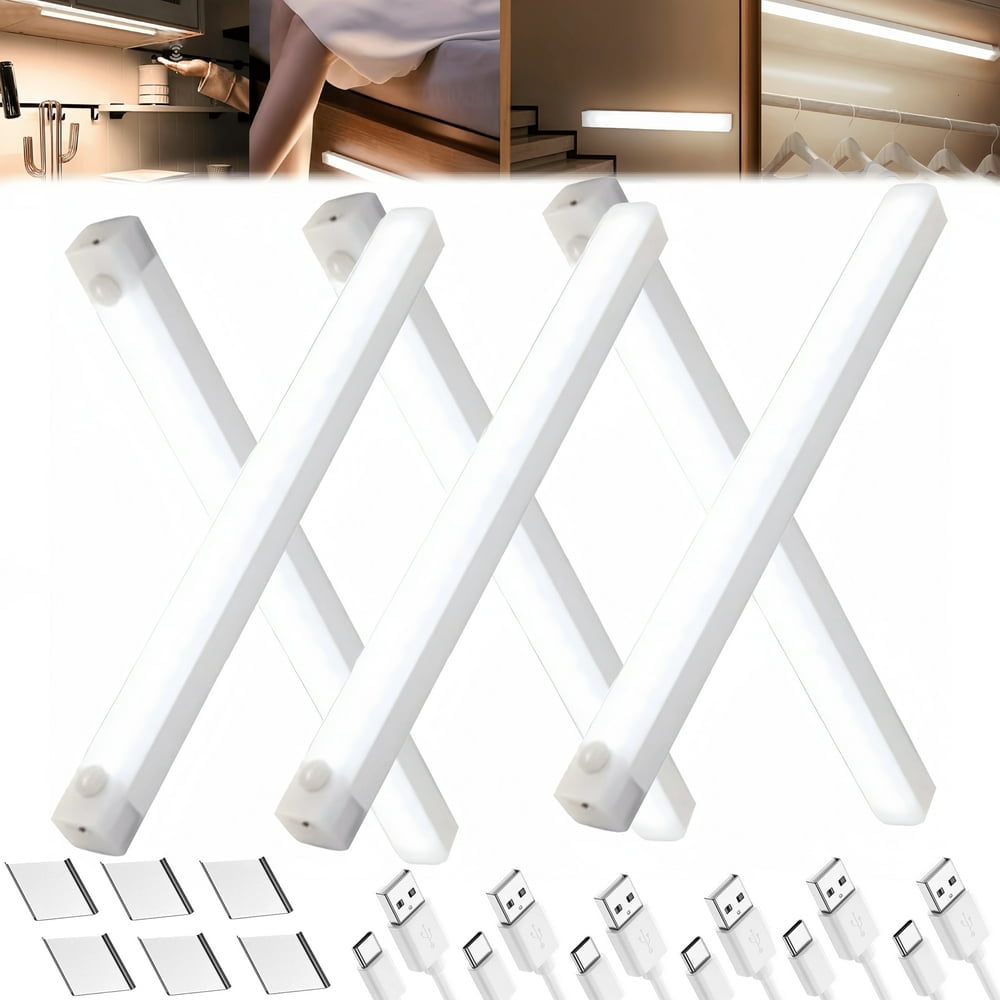 Lindbes 6 Pack USB Under Cabinet Lights Sticky Lamps Motion Sensor Light Three Modes Dimmable ...