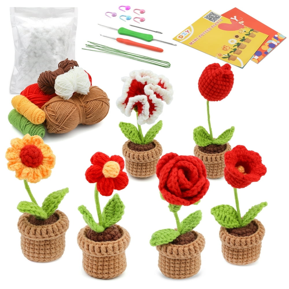 Lindbes Beginners Crochet Kit 2 Pack Cute Small Pot Kit for Beginers ...